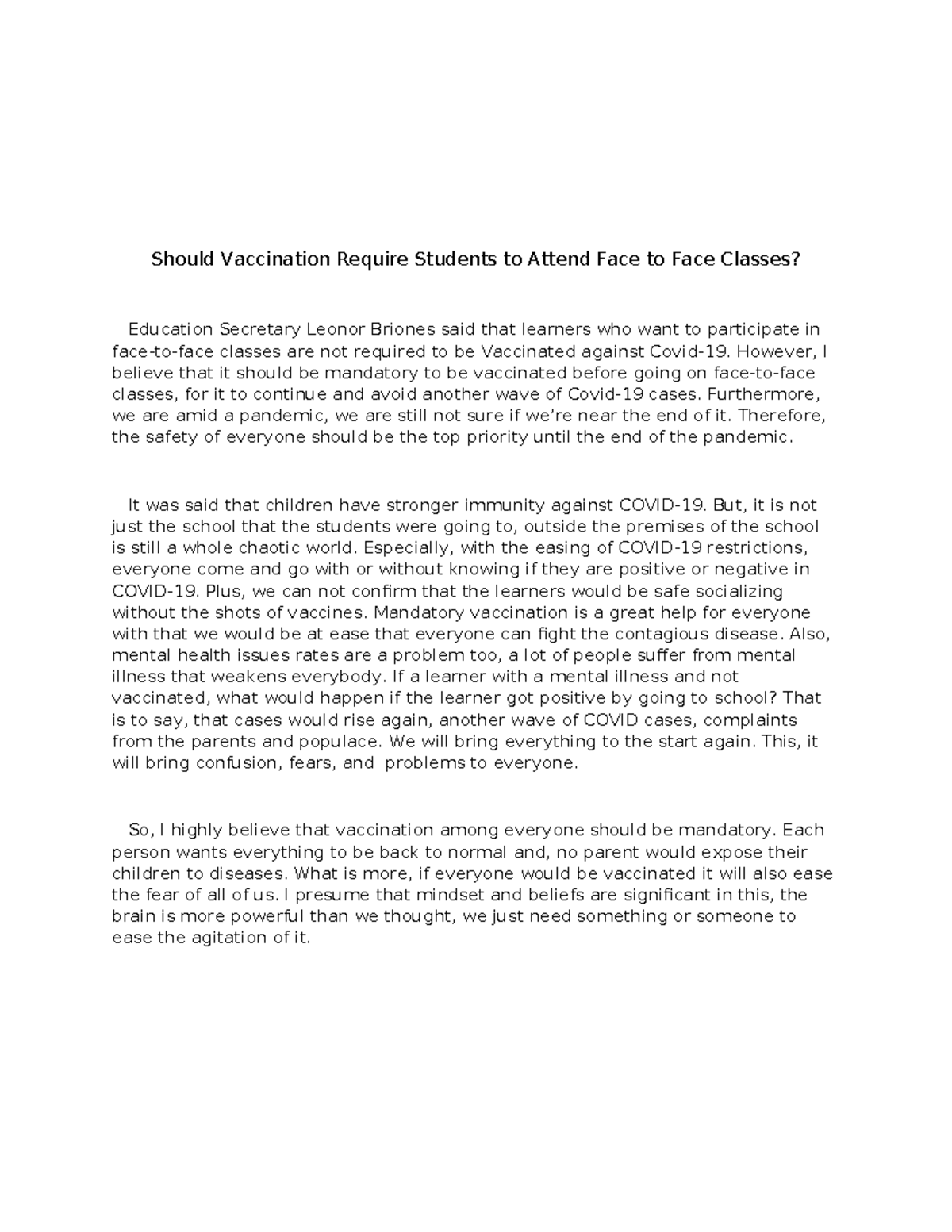 Argumentative Essay-English - Should Vaccination Require Students to ...