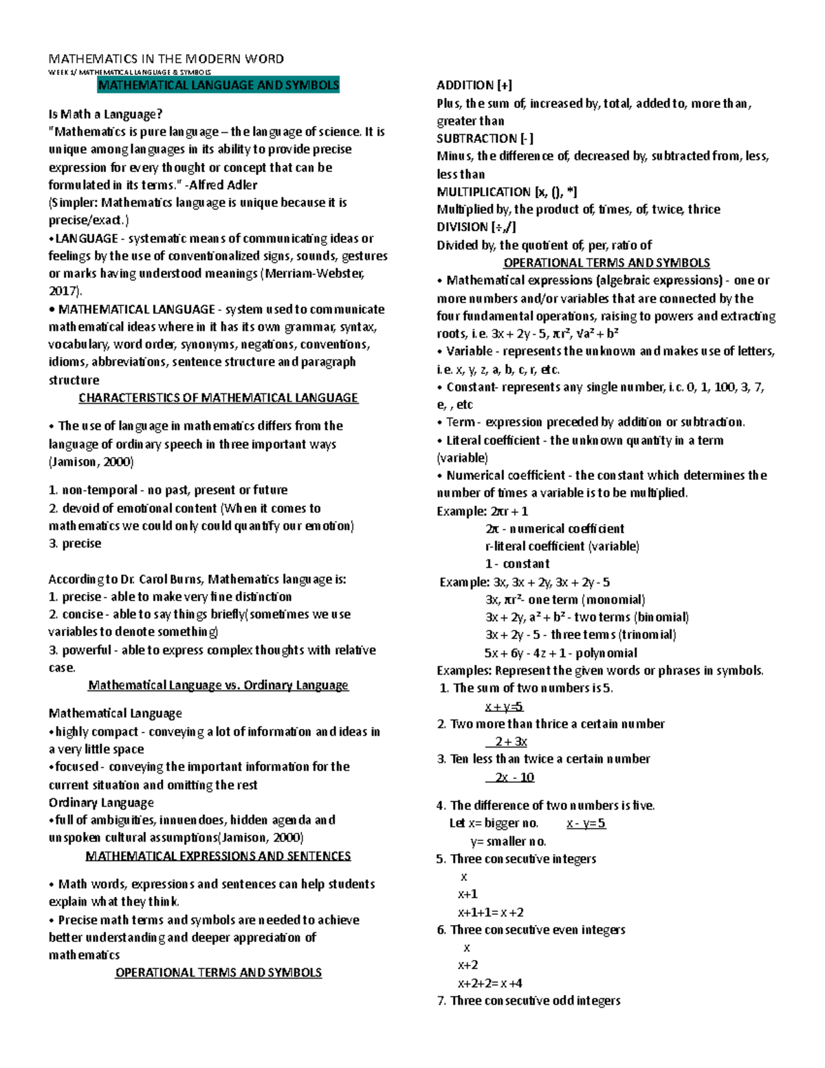 Mathematical Language AND Symbols - MATHEMATICS IN THE MODERN WORD WEEK ...