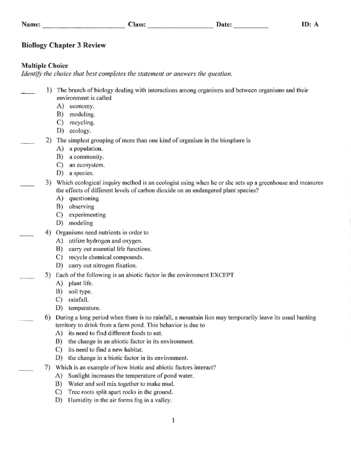 3 chapter review biology 2021 - Studocu