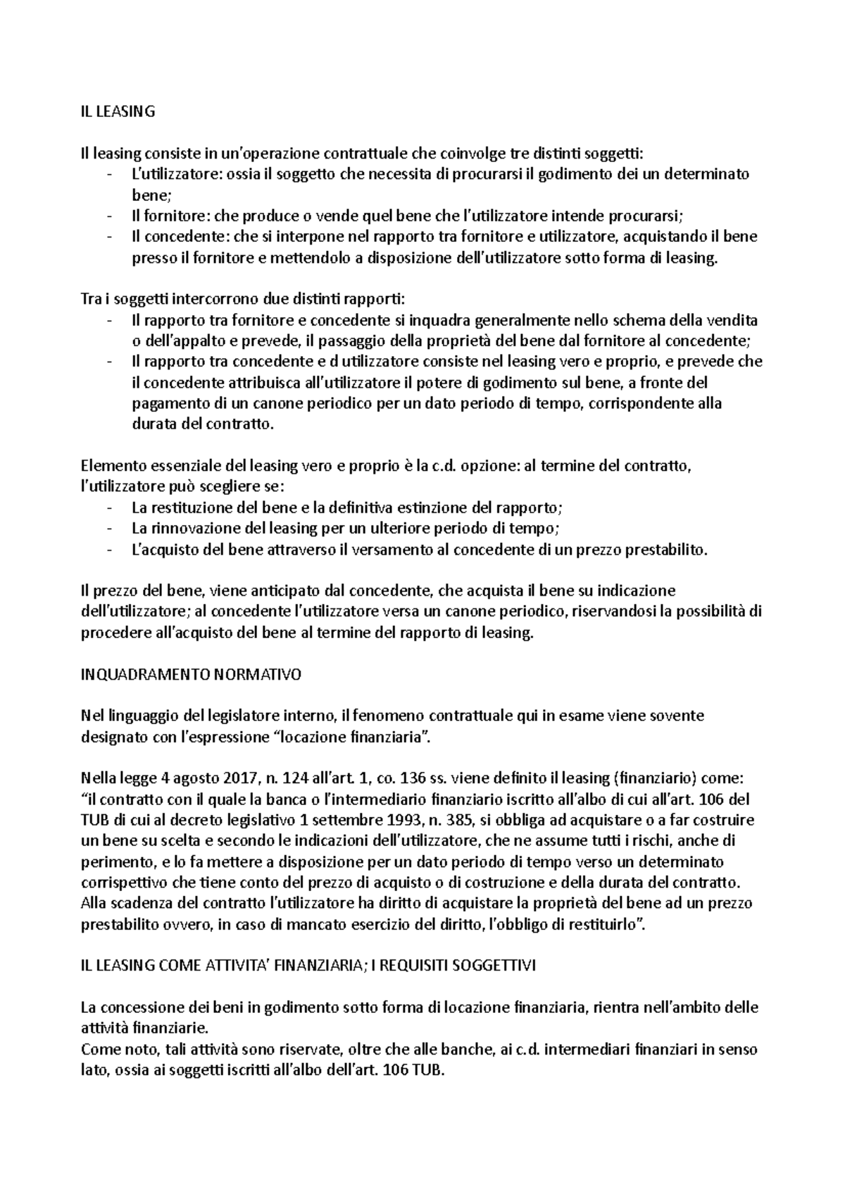 IL Leasing - IL LEASING Il leasing consiste in un’operazione ...