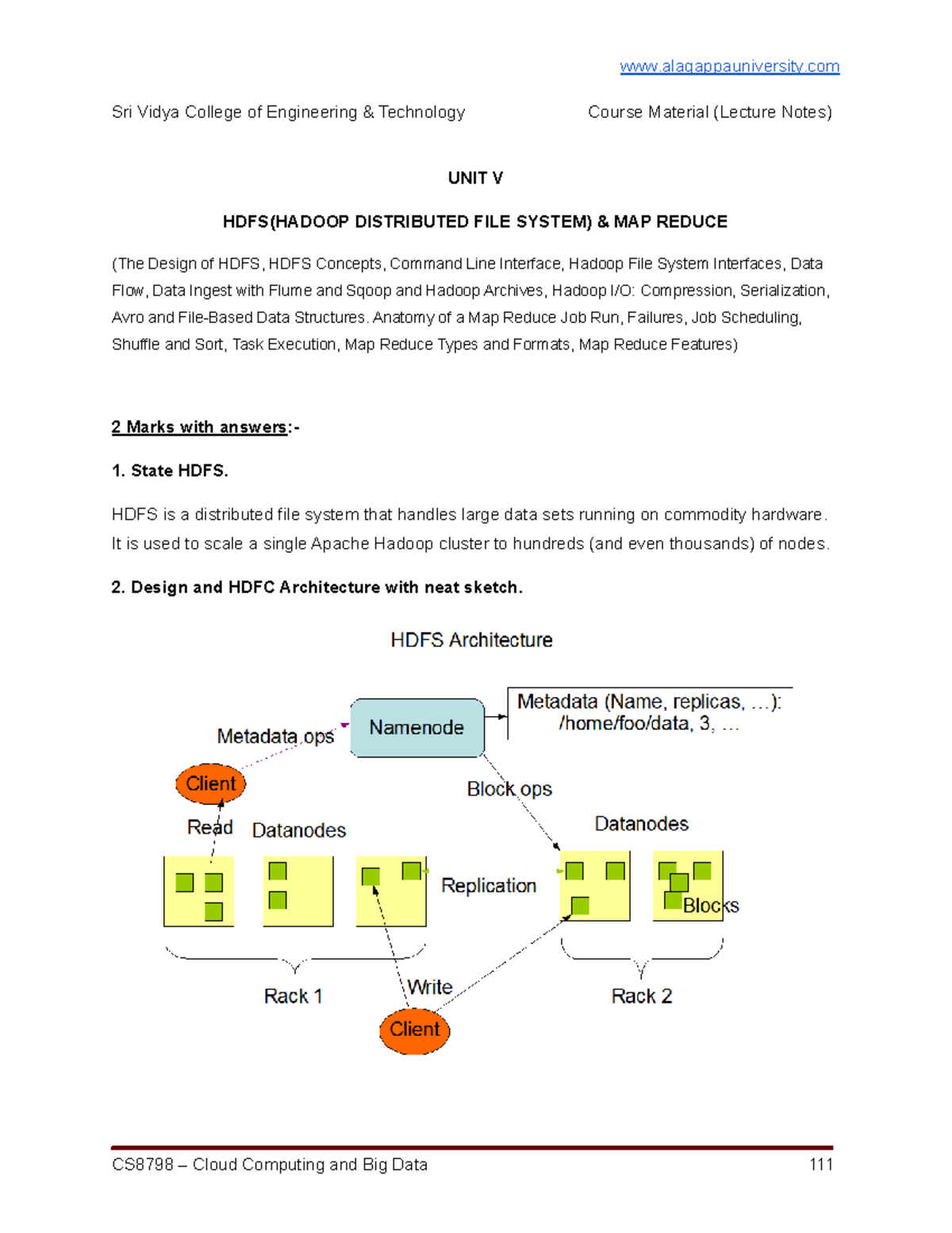 Ccbd Unit 5 Cloud Computing Lecture Notes Sri Vidya College Of Engineering And Technology