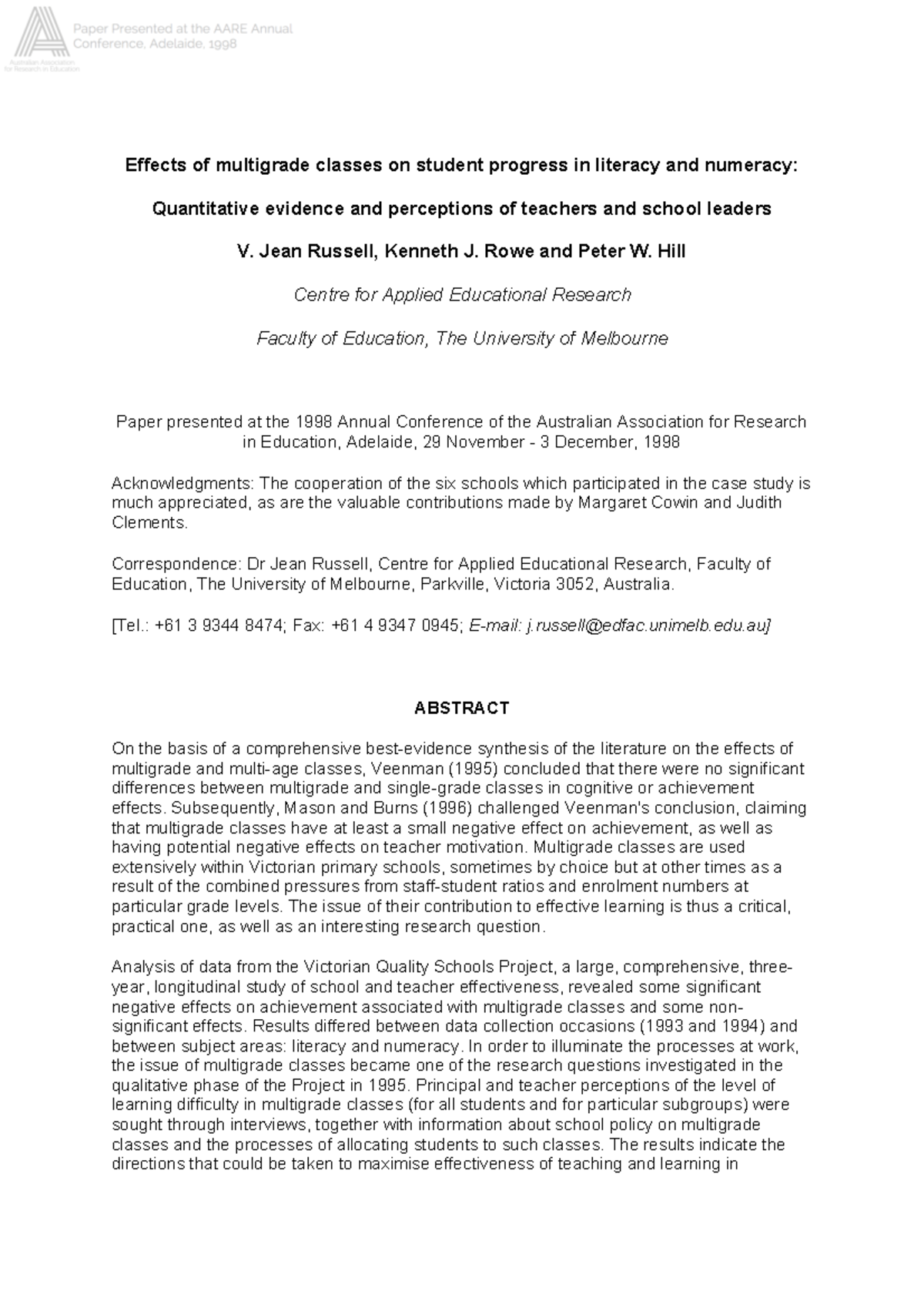 Effect of students in multigrade - Effects of multigrade classes on ...