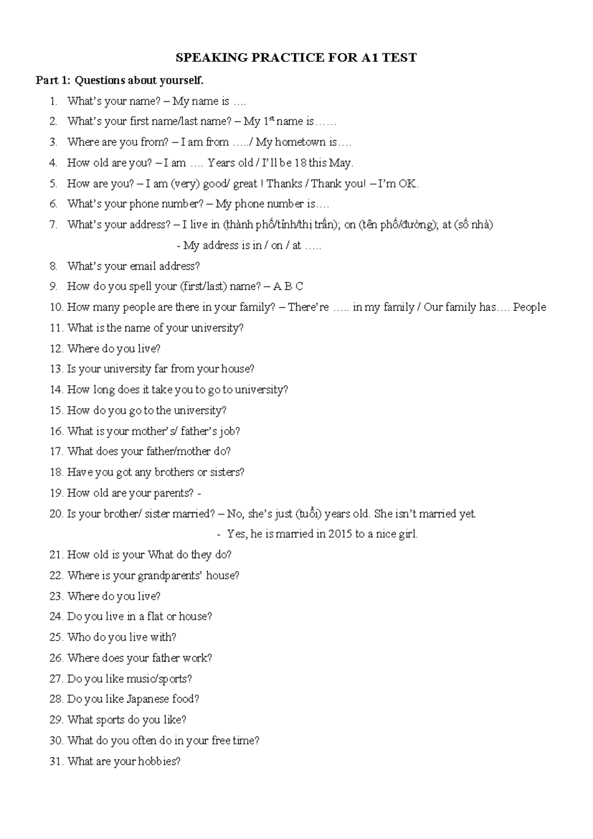 Speaking practice A1 - hay - SPEAKING PRACTICE FOR A1 TEST Part 1 ...