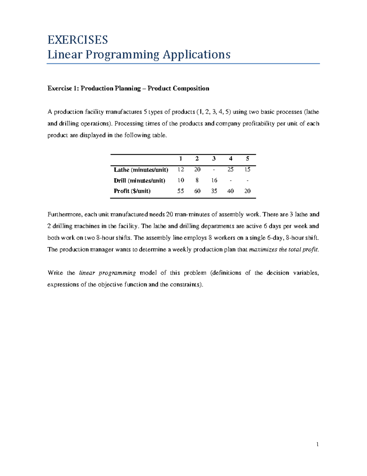 Exercises Linear Programming Applications for - EXERCISES Linear Programming Applications ...