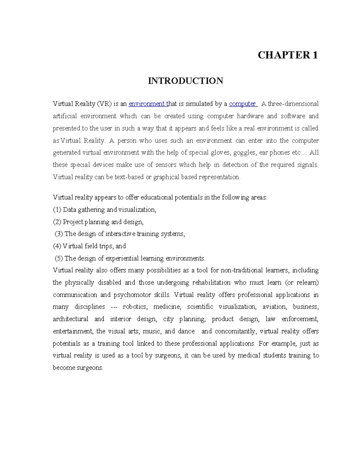 Virtual reality- notes - CHAPTER 1 INTRODUCTION Virtual Reality (VR) is ...