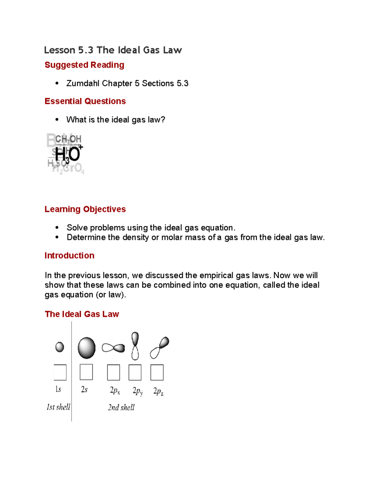 Lesson 5.3 ideal gas law - Lesson 5 The Ideal Gas Law Suggested Reading ...