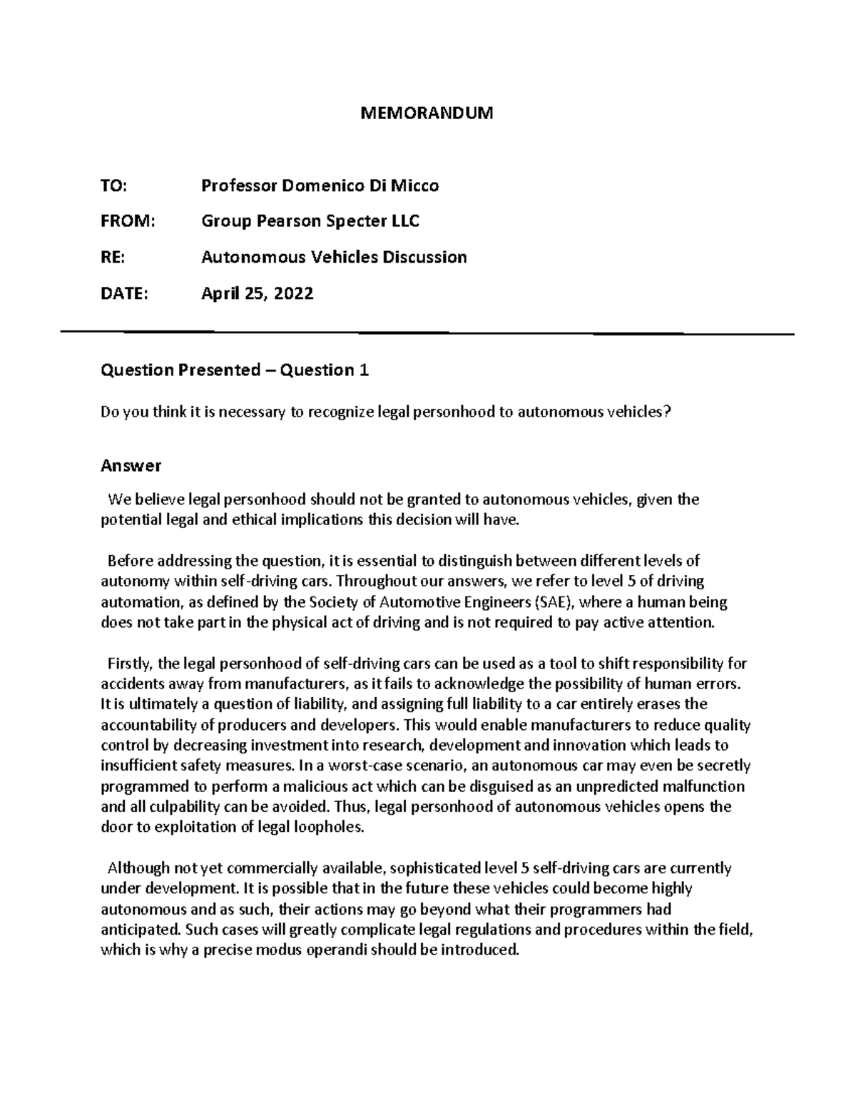 Memorandum for Law project - MEMORANDUM TO: Professor Domenico Di Micco ...