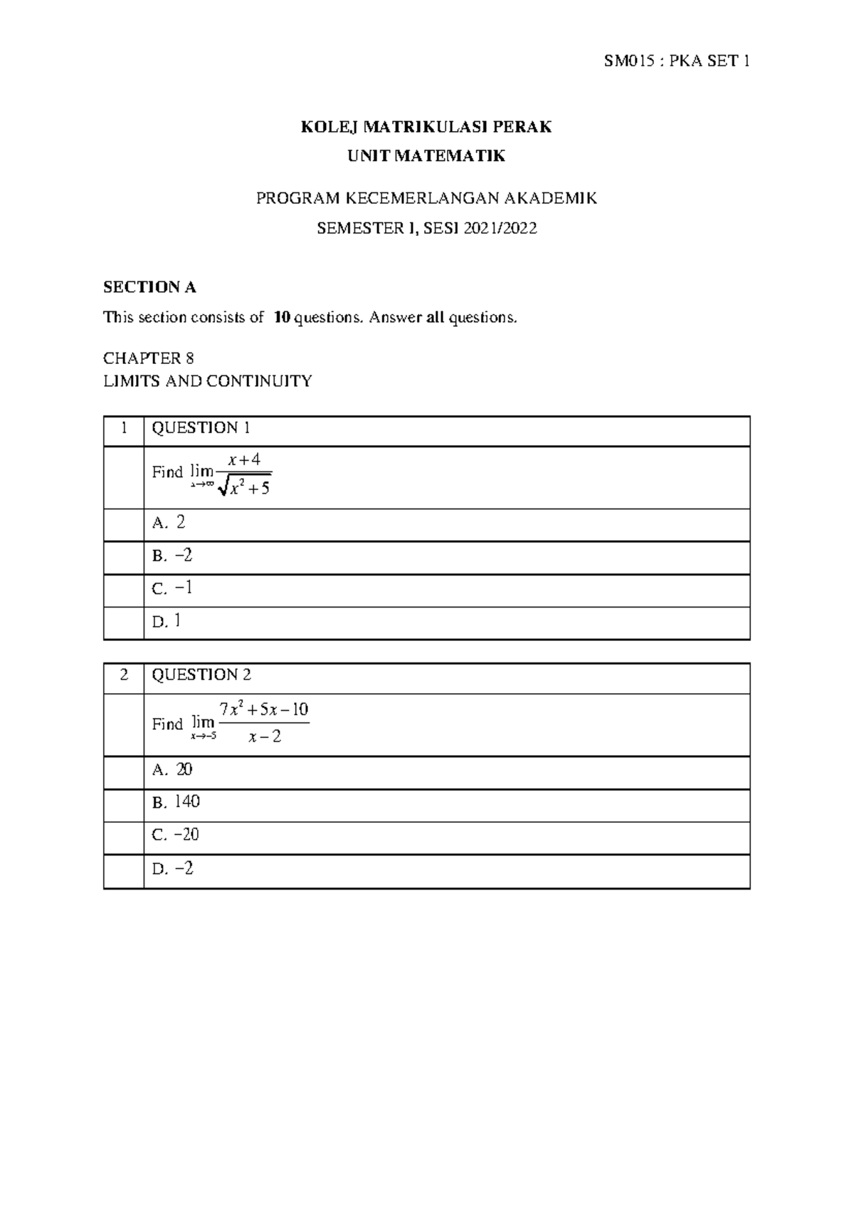 1A PKA SET 1 Pelajar - Soalan - KOLEJ MATRIKULASI PERAK UNIT MATEMATIK ...
