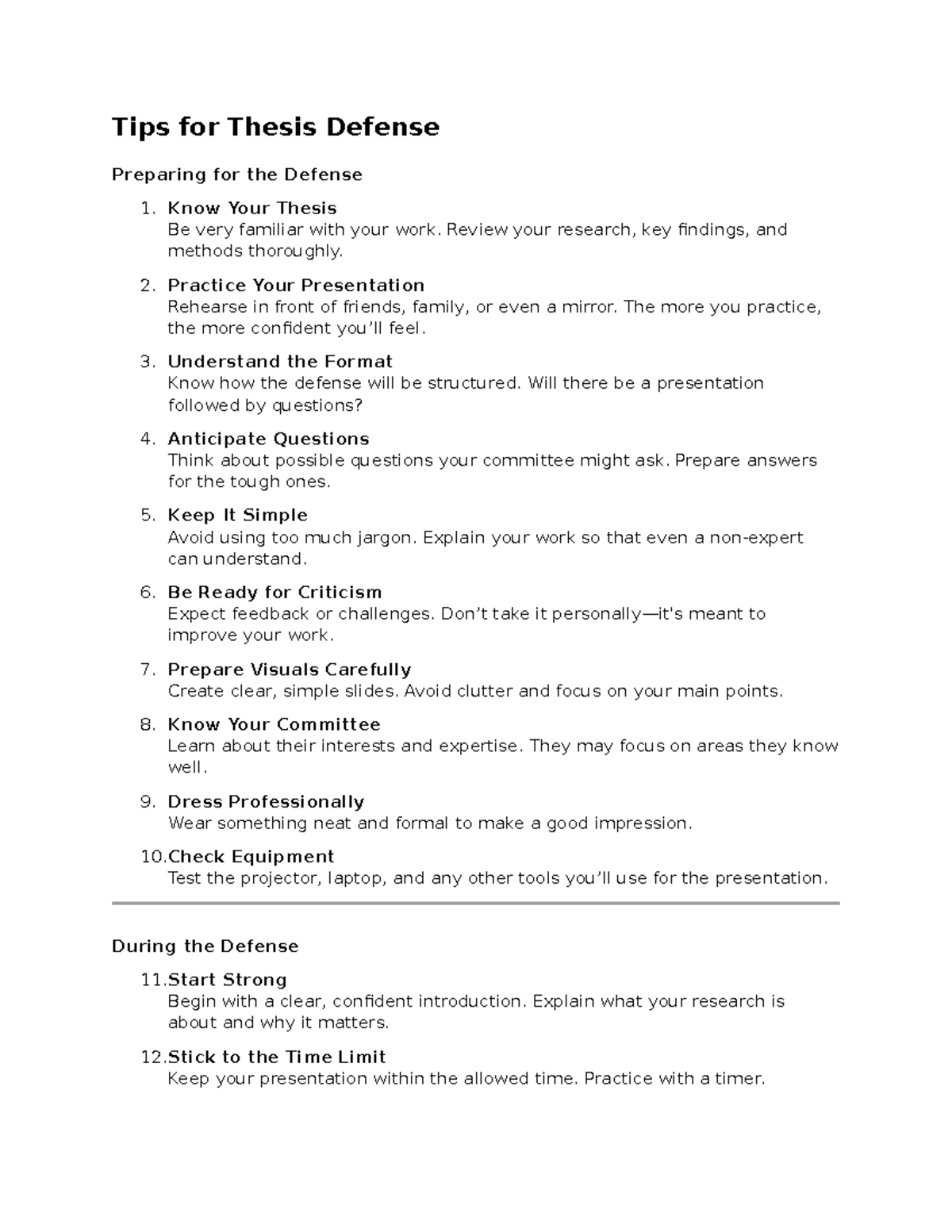 Tips for Thesis Defense - Tips for Thesis Defense Preparing for the ...