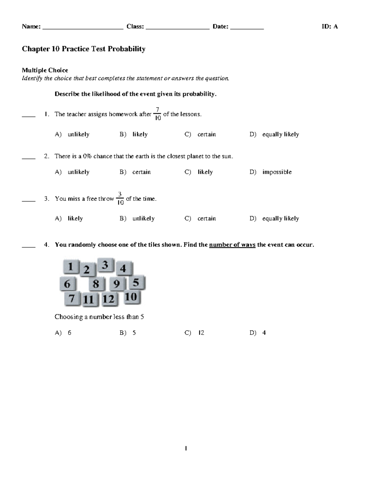 Chapter 10 Probability Practice Test - Studocu