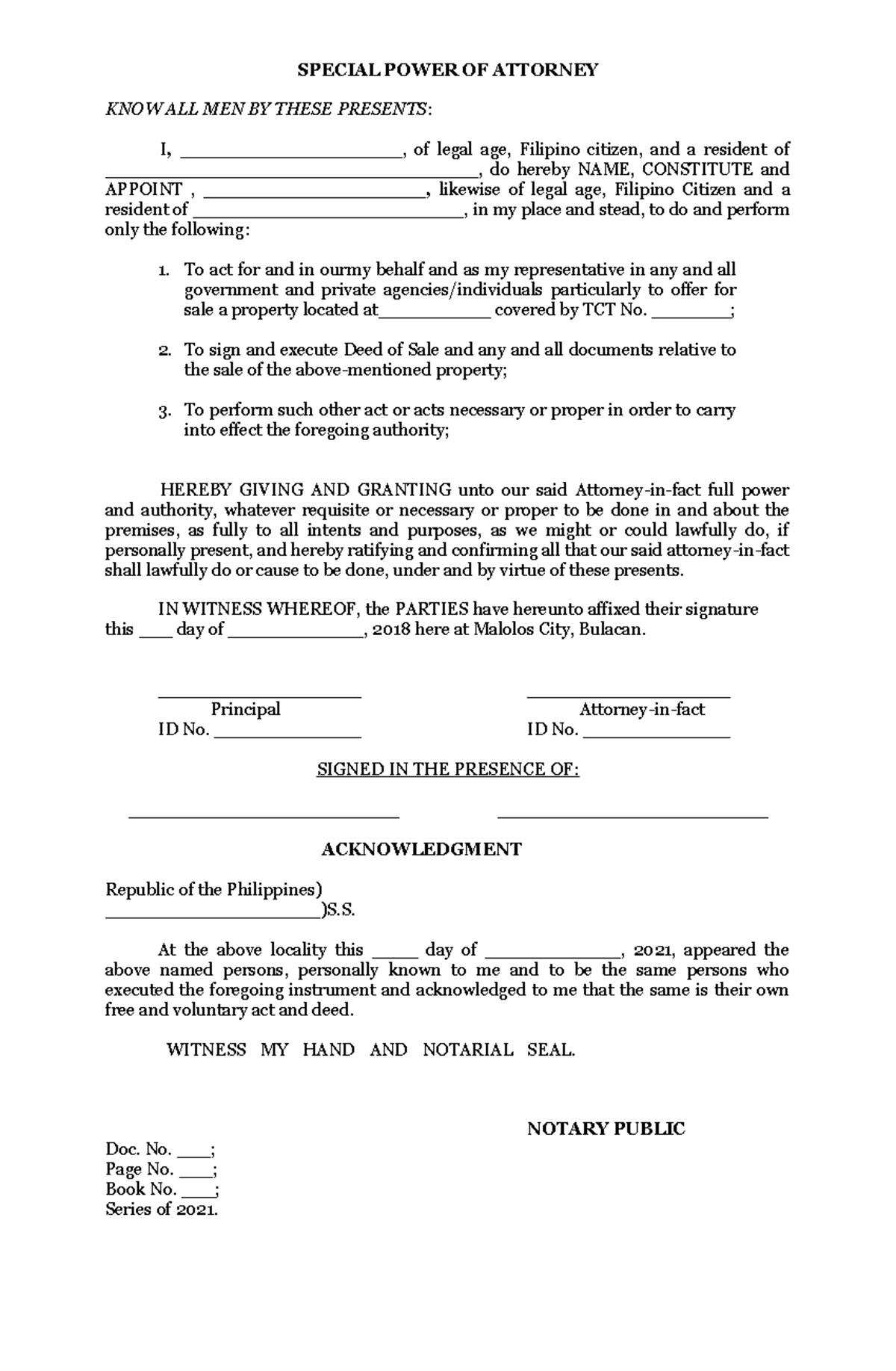SPA- Title - Special Power of Attorney re: sale of land - SPECIAL POWER ...