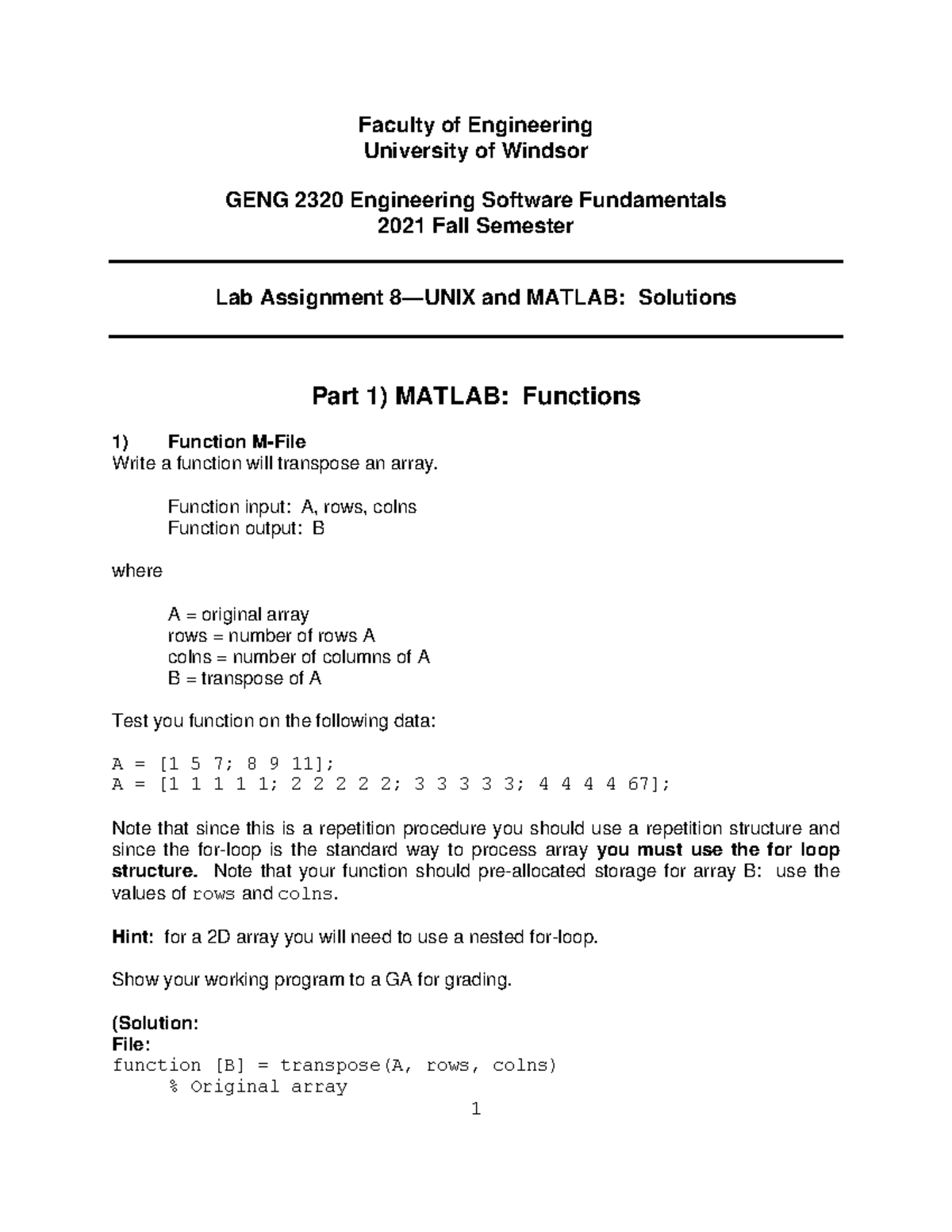 Lab Assignment 08 Solutions - Faculty of Engineering University of Windsor GENG 2320 Engineering ...