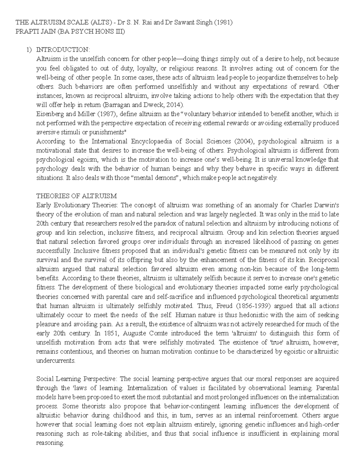 Altruism - altruuism - THE ALTRUISM SCALE (ALTS) - Dr S. N. Rai and Dr ...