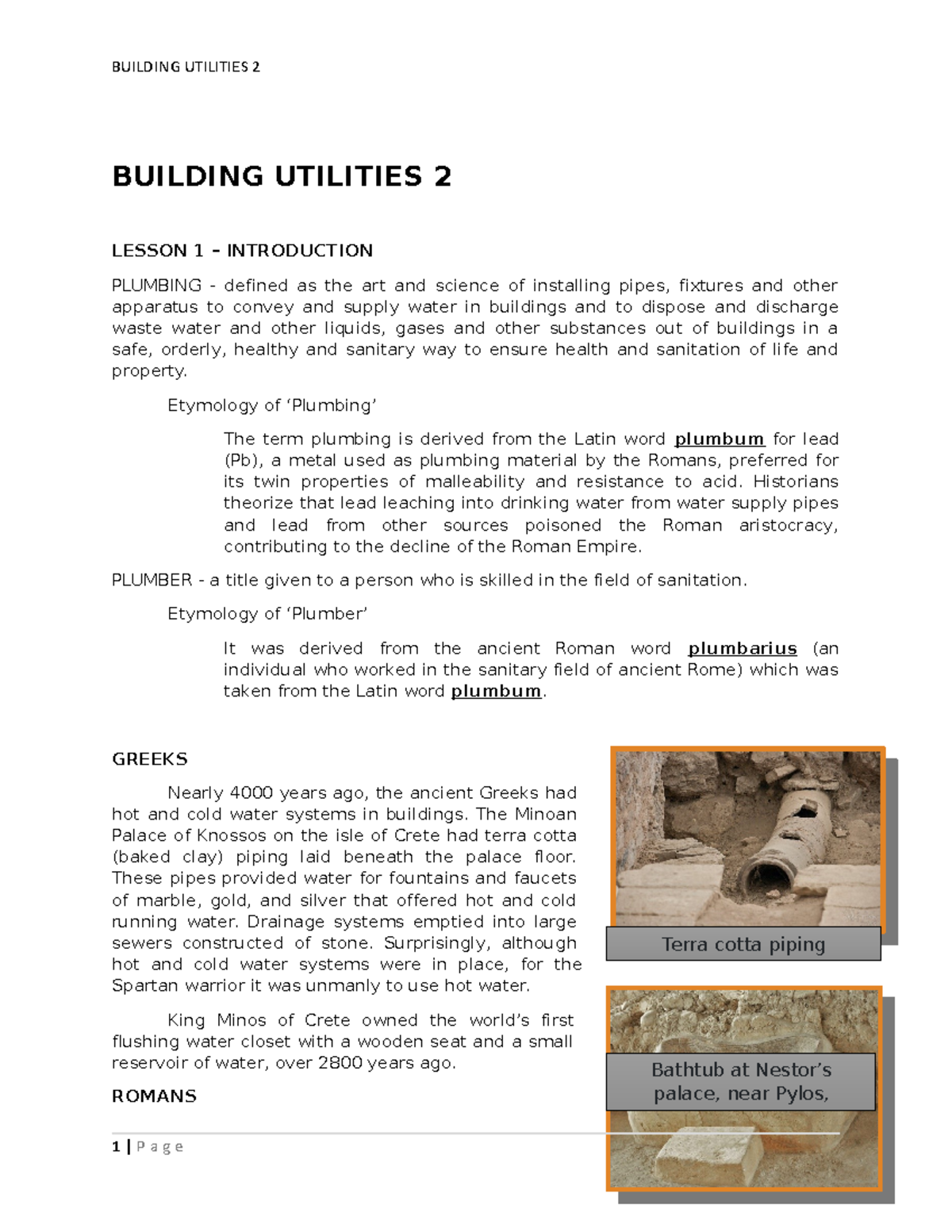 Lesson 1A - Introduction TO Plumbing - BUILDING UTILITIES 2 LESSON 1 ...