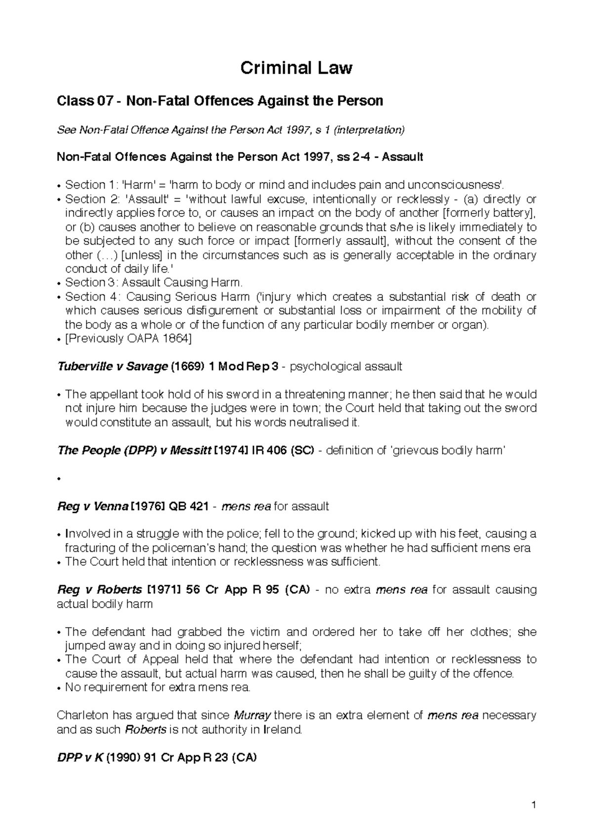 Class 07 - Non-Fatal Offences Against the Person - Criminal Law Class ...