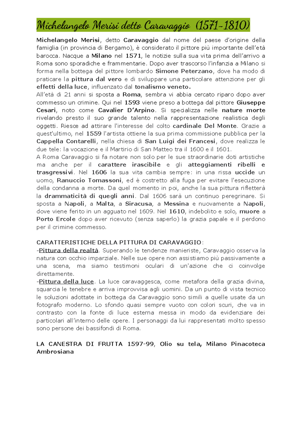 Michelangelo Merisi - Caravaggio - Storia DELL'ARTE - Michelangelo ...