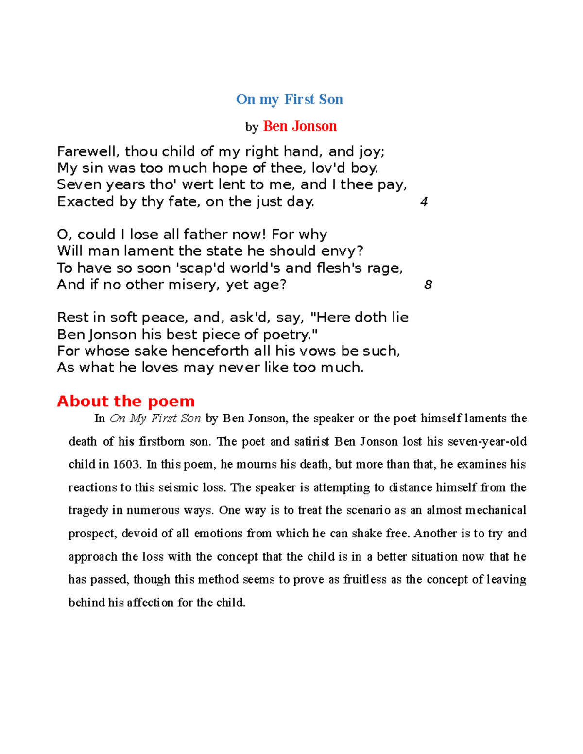 3- Ben Johnson-On my First Son - On my First Son by Ben Jonson Farewell ...