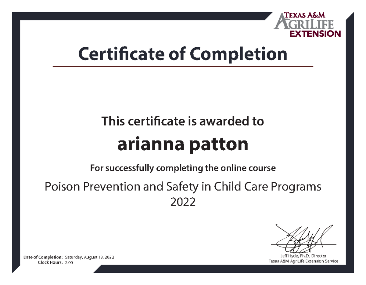 Certificate - Clock Hours Poison Prevention and Safety in Child Care ...
