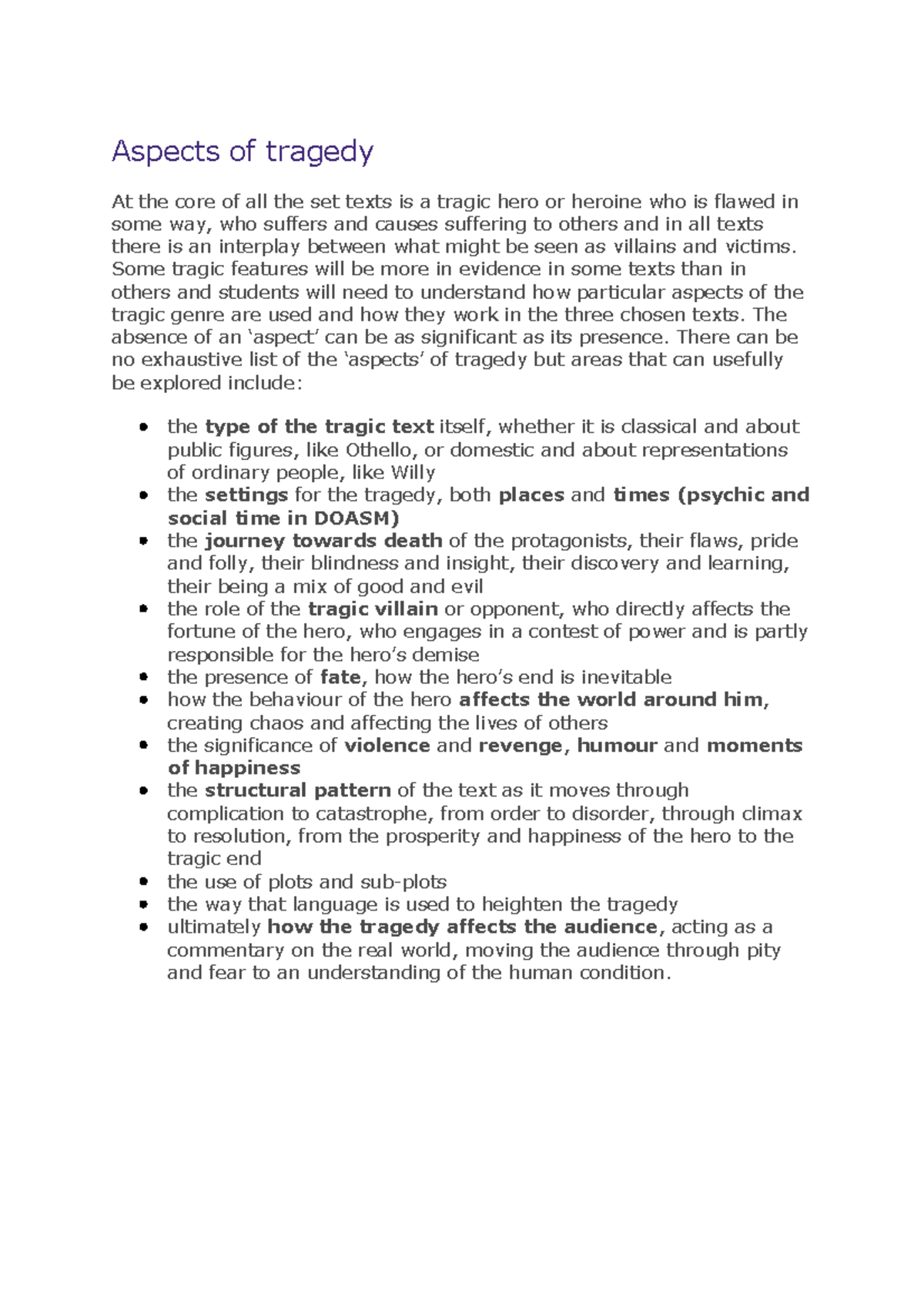 All Aspects of Tragedy - notes - Aspects of tragedy At the core of all ...