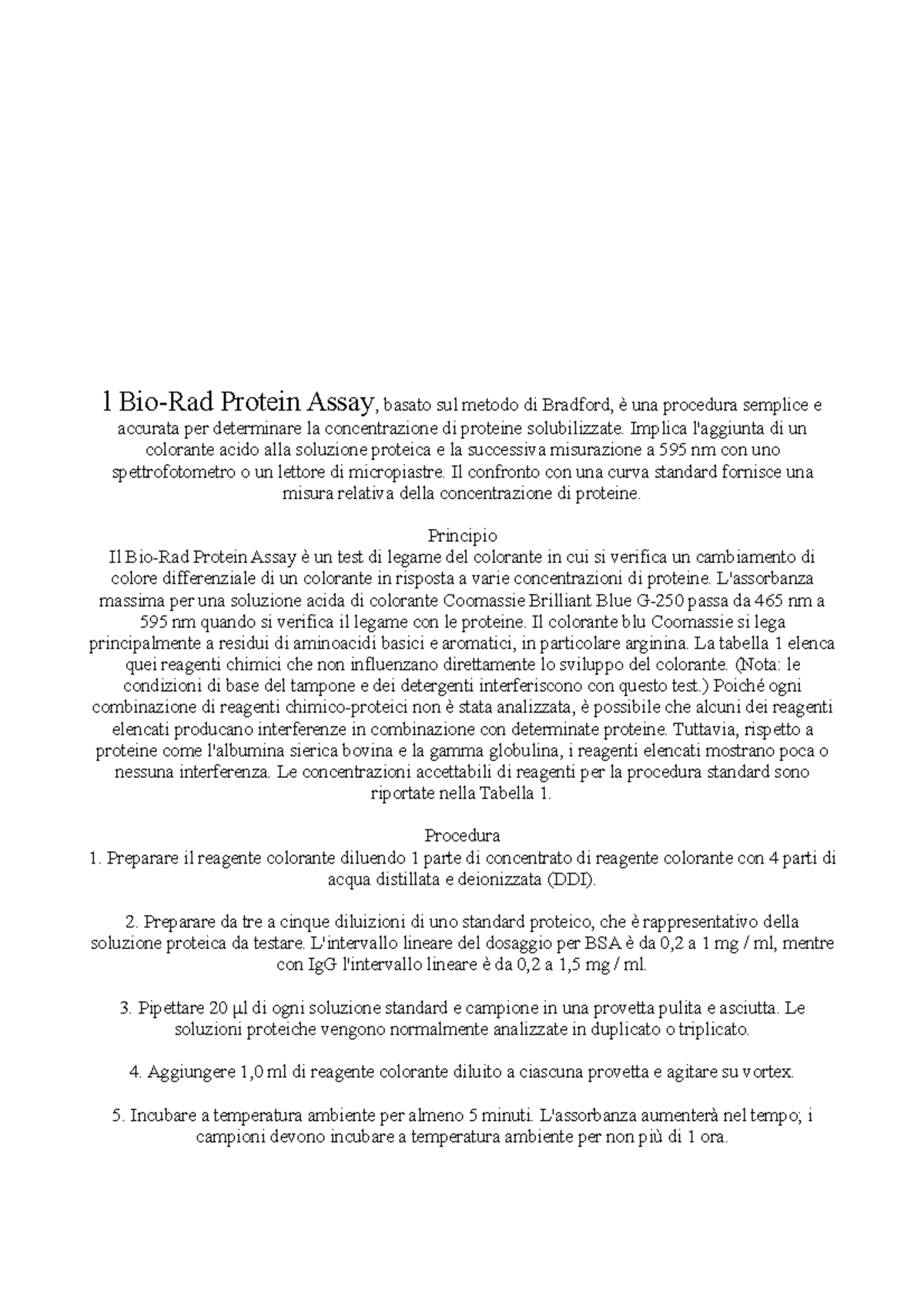 Bio-Rad Bradford assay - l Bio-Rad Protein Assay, basato sul metodo di ...