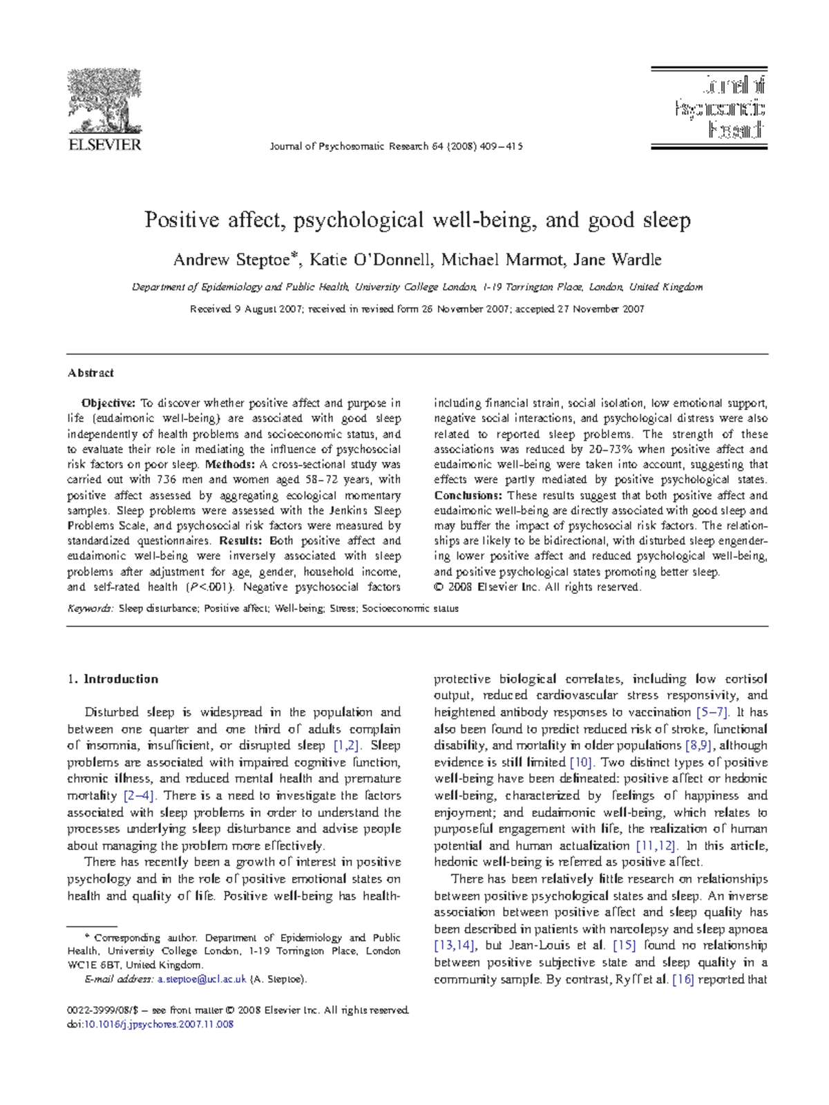 Steptoe 2008 - Positive affect, psychological well-being, and good ...