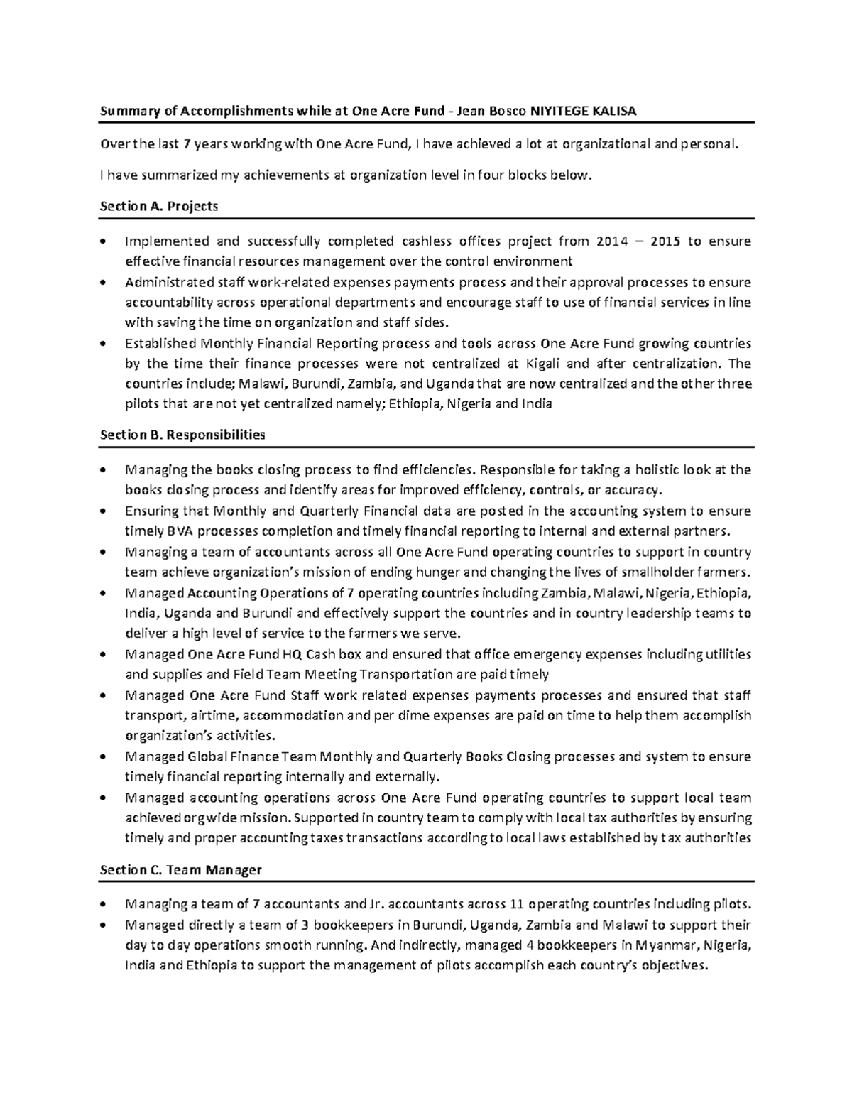 Accomplishments Sample Kalisa Bosco - Summary of Accomplishments while ...