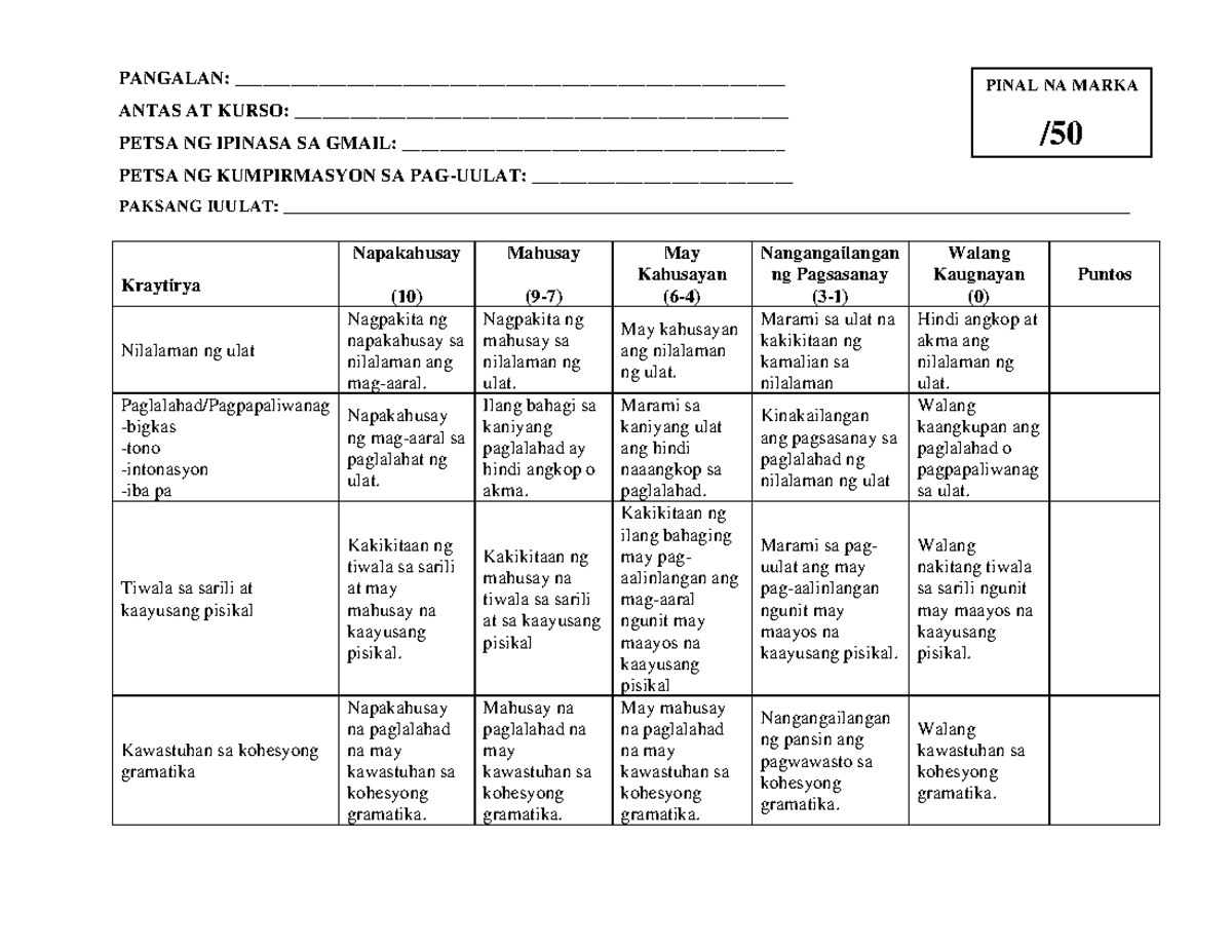Rubrik - ggu - Kraytirya Napakahusay (10) Mahusay (9-7) May Kahusayan ...
