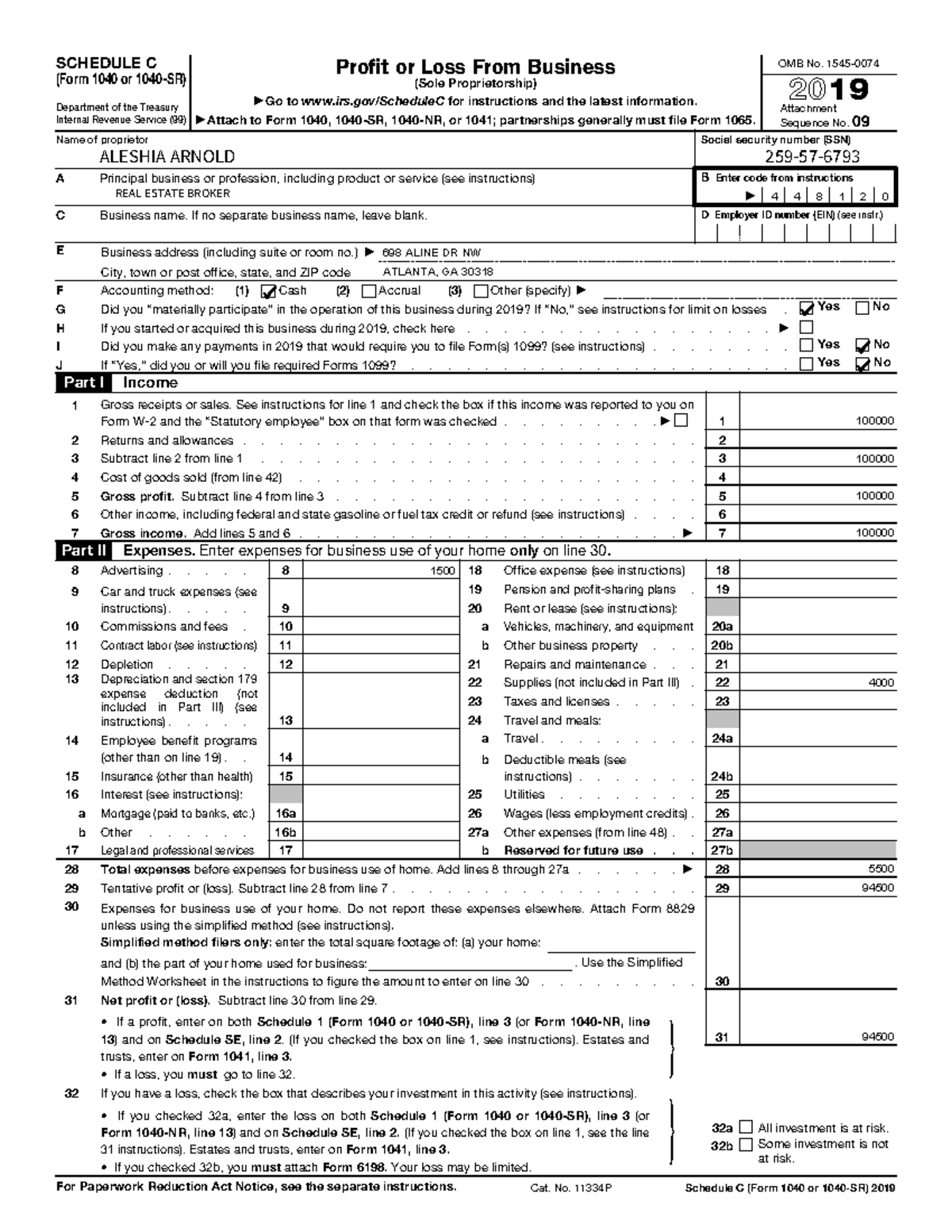 Vain(1) - notes - SCHEDULE C (Form 1040 or 1040-SR) ####### Department ...