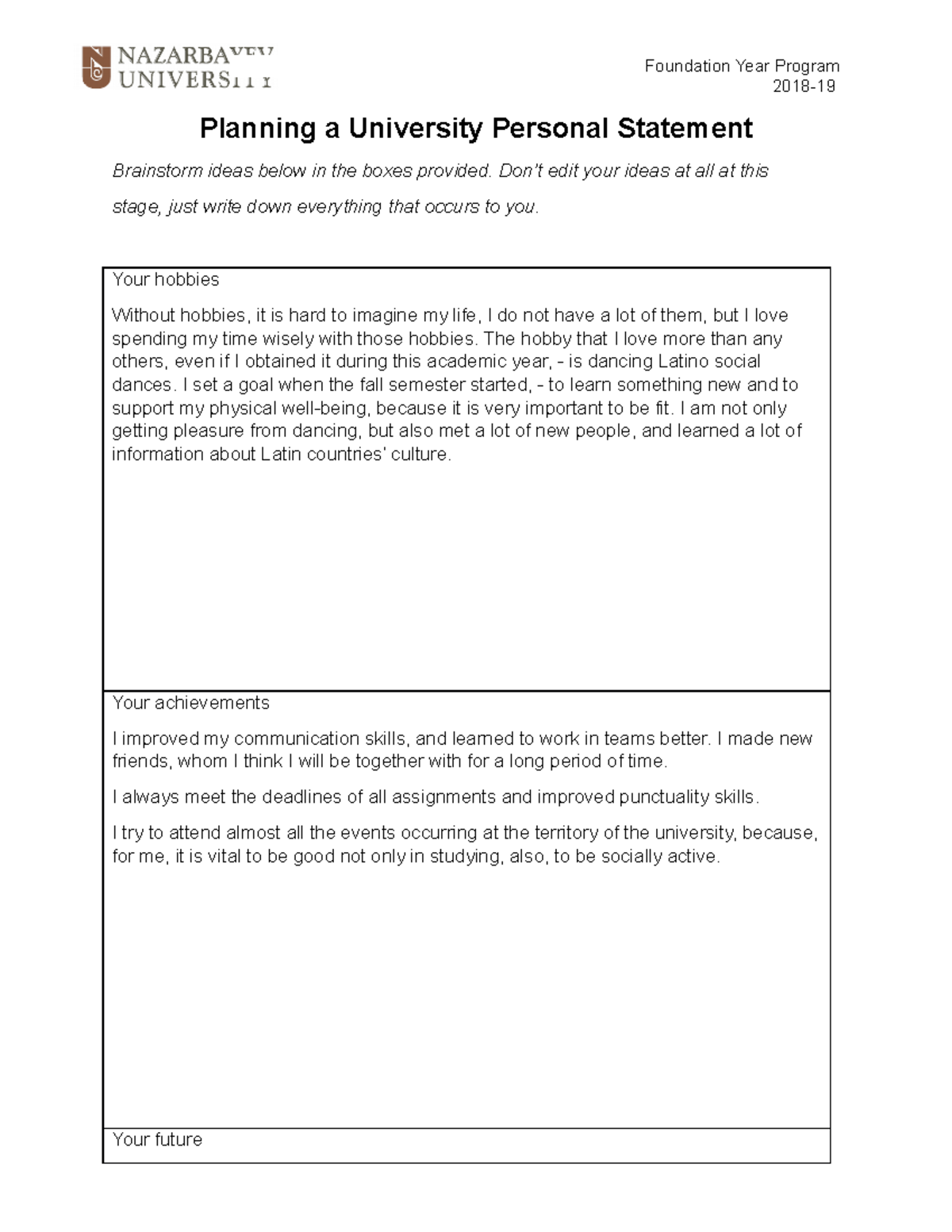 Worksheet 2- Planning a university personal statement worksheet ...