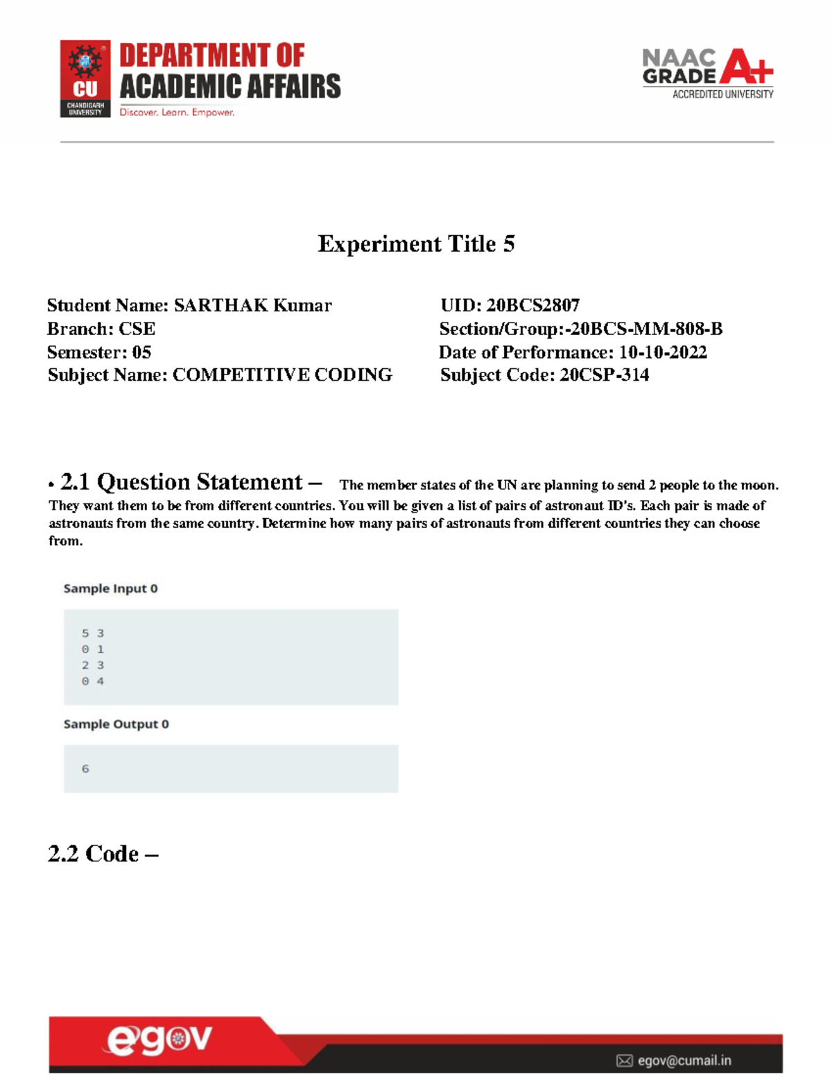 CC5 Sarthak - worksheet 1.5 - Experiment Title 5 Student Name: SARTHAK ...