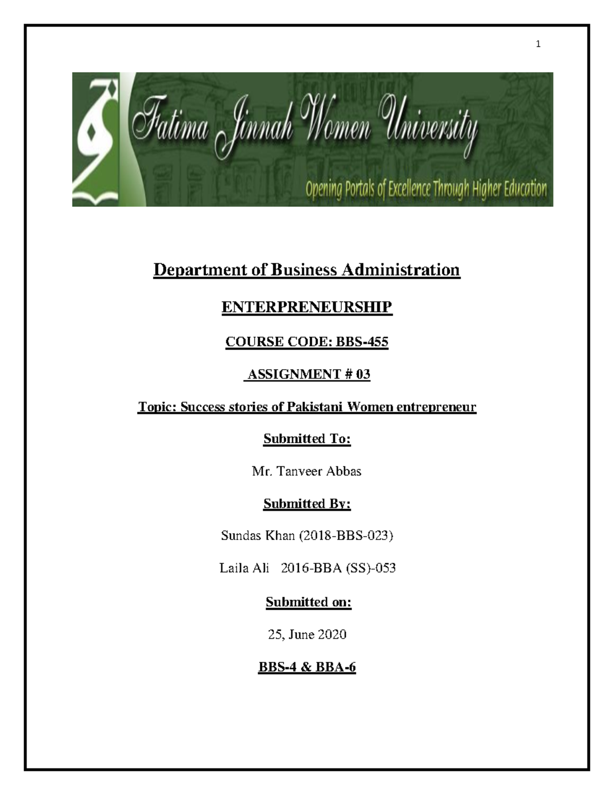 Assignment 03 entrepreneurship - Department of Business Administration ...