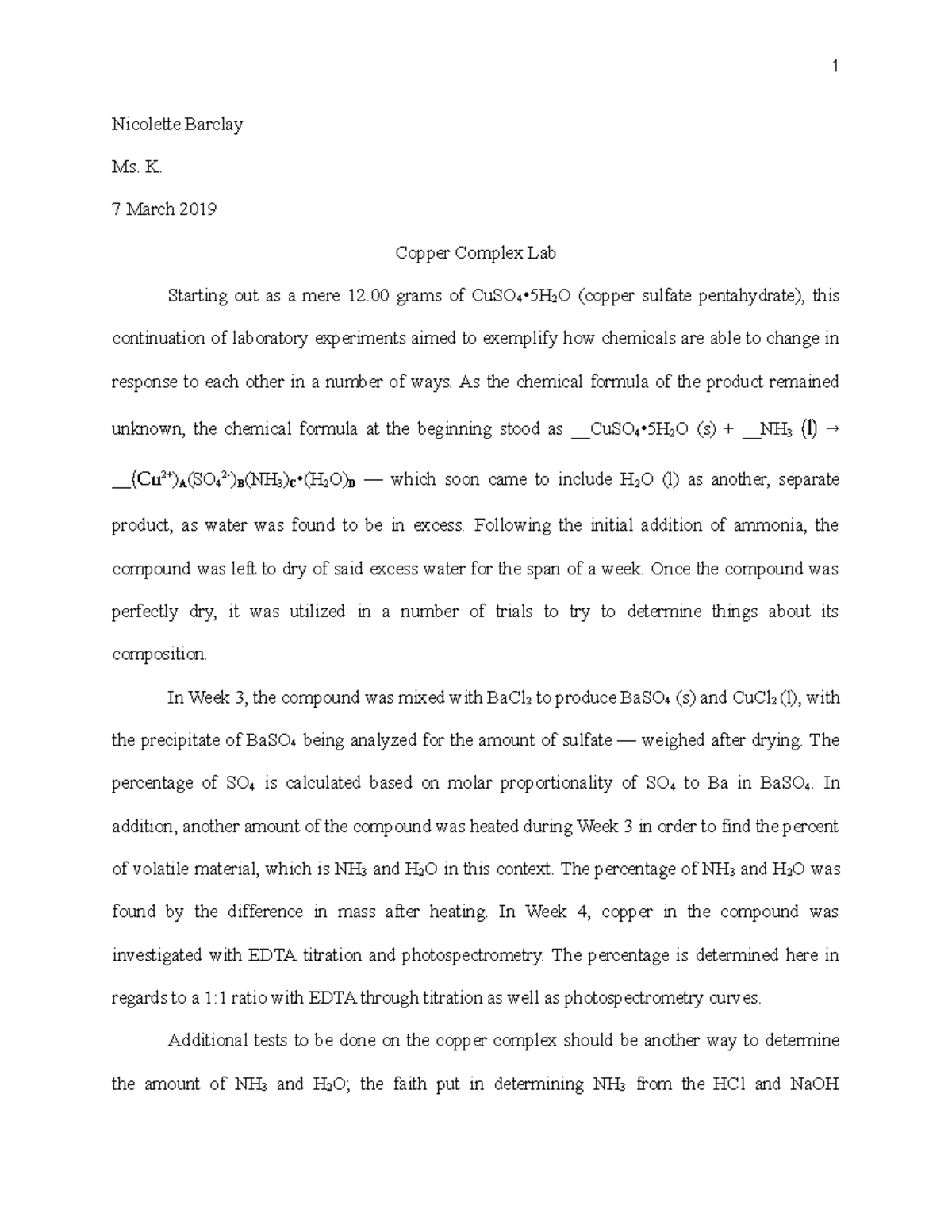 CHEM Report on Copper Complex - 1 Nicolette Barclay Ms. K. 7 March 2019 ...