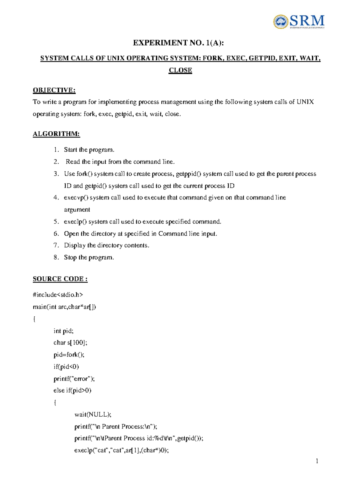 Os Lab 15cs3015sempdf Experiment No 1a System Calls Of Unix