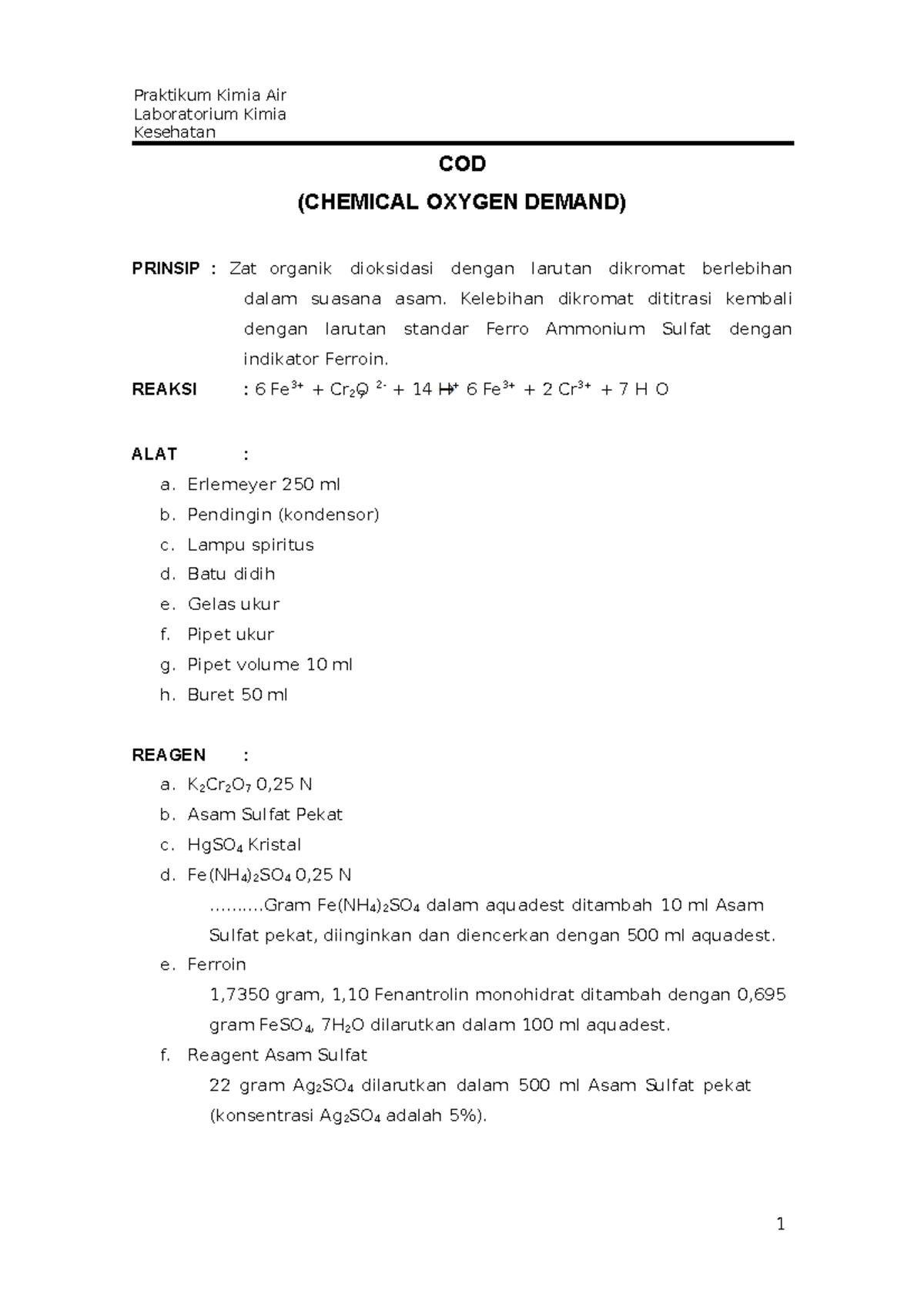 Modul Praktikum Kimia Air 16 COD (Chemical Oxygen Demand) - COD ...
