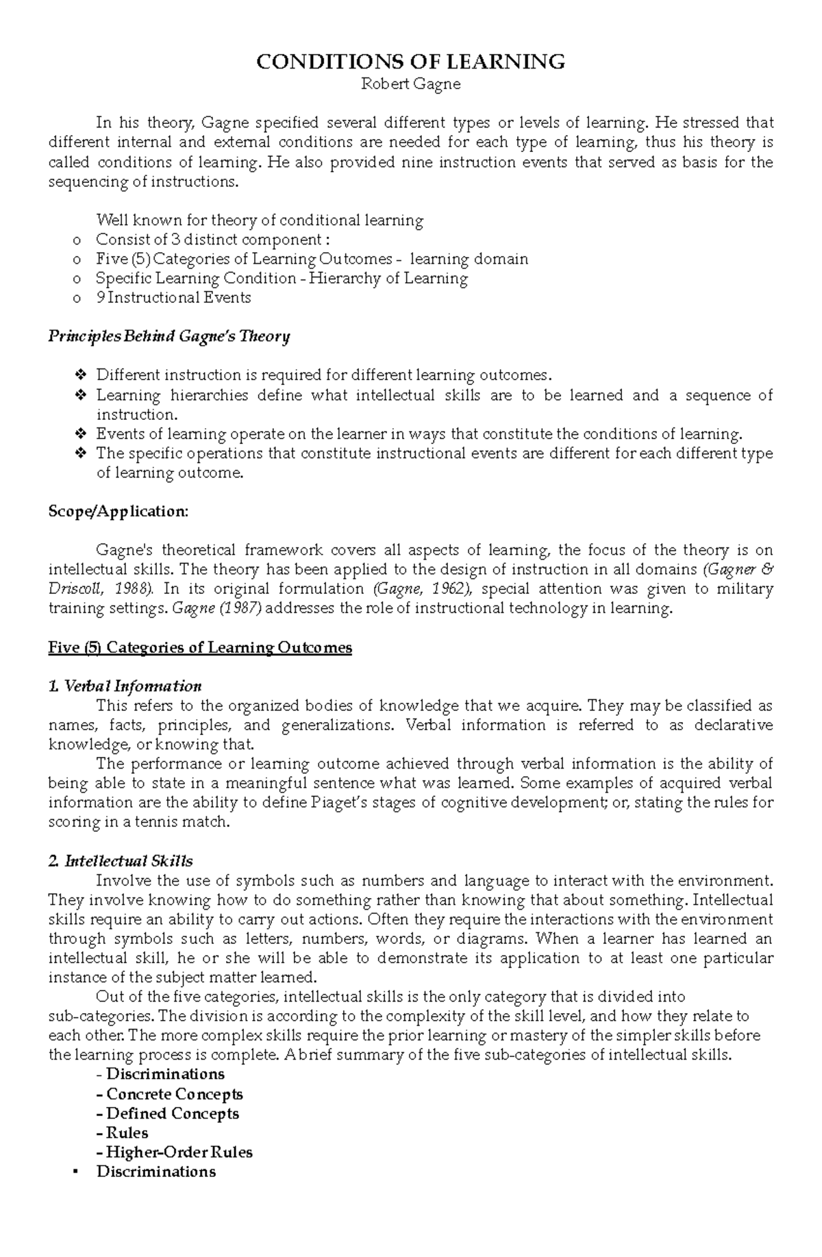 Gagne Conditions OF Learning - CONDITIONS OF LEARNING Robert Gagne In ...