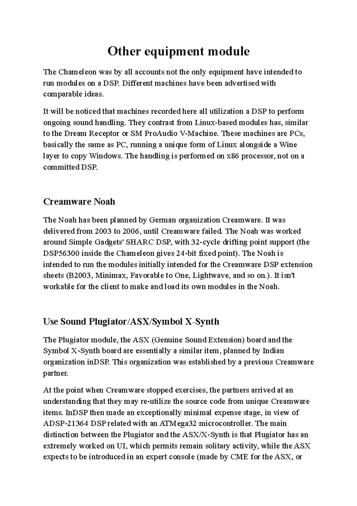 Other equipment module - Different machines have been advertised with ...