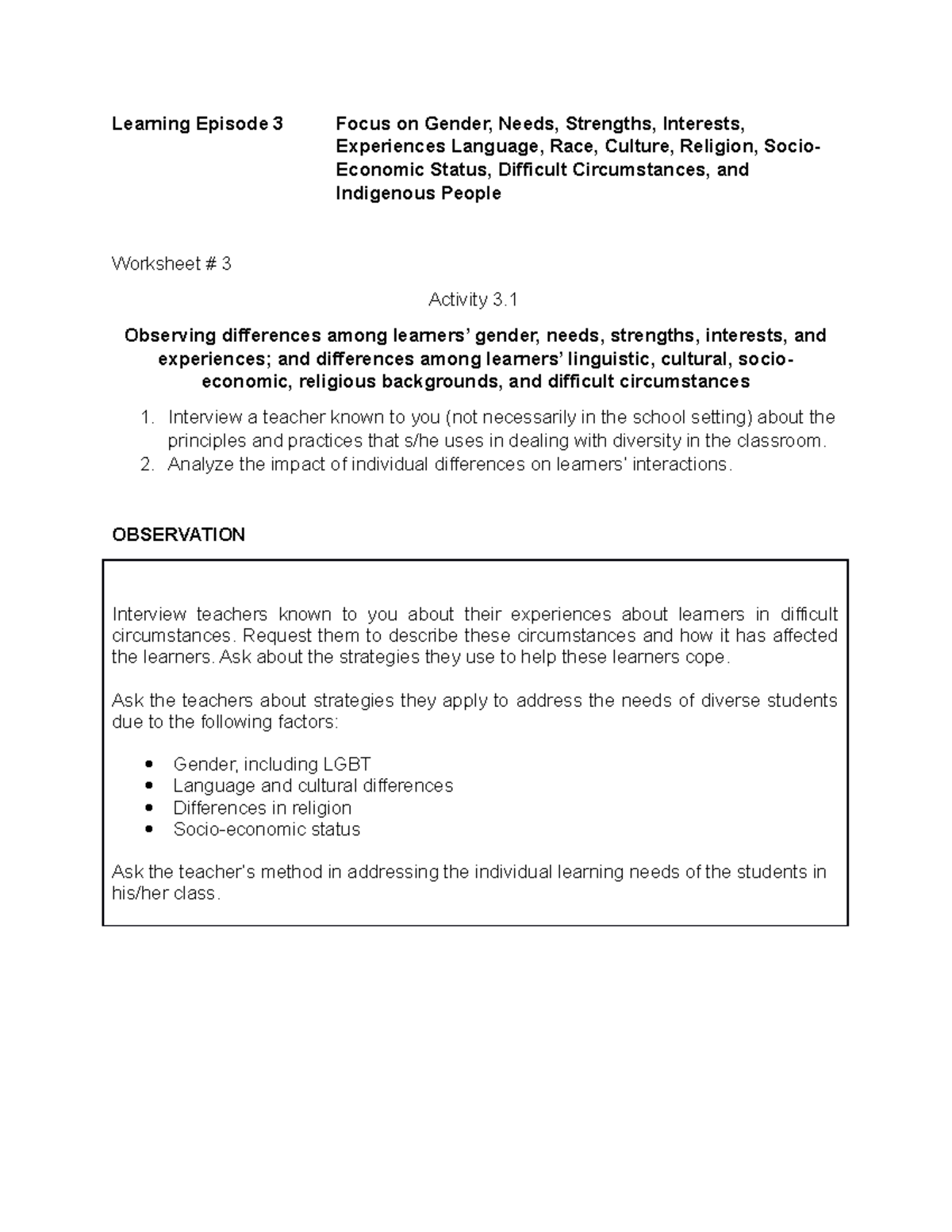 Learning Episode 3 Focus on Gender - Learning Episode 3 Focus on Gender ...