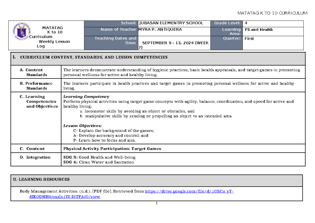 DLL Matatag PE & Health 4 Q1 WEEK 7-8 - MATATAG K to 10 Curriculum Weekly Lesson Log School ...