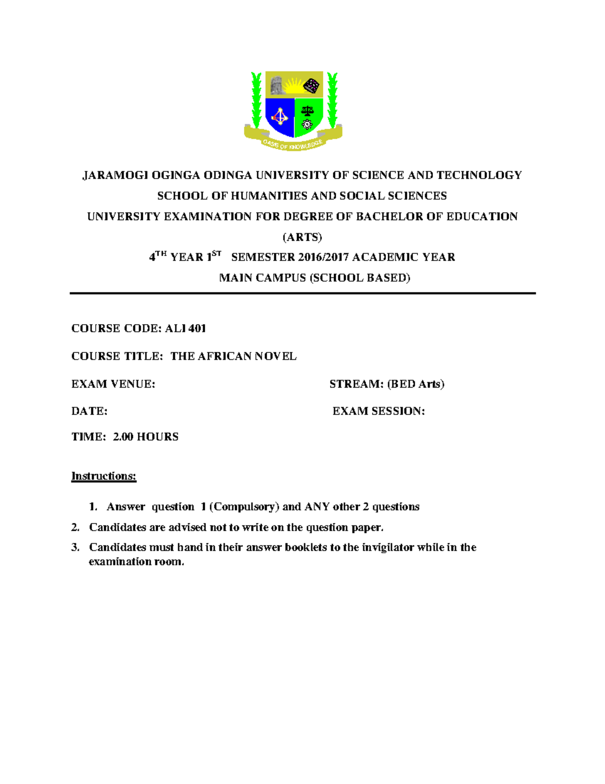 THE African Novel - JARAMOGI OGINGA ODINGA UNIVERSITY OF SCIENCE AND ...