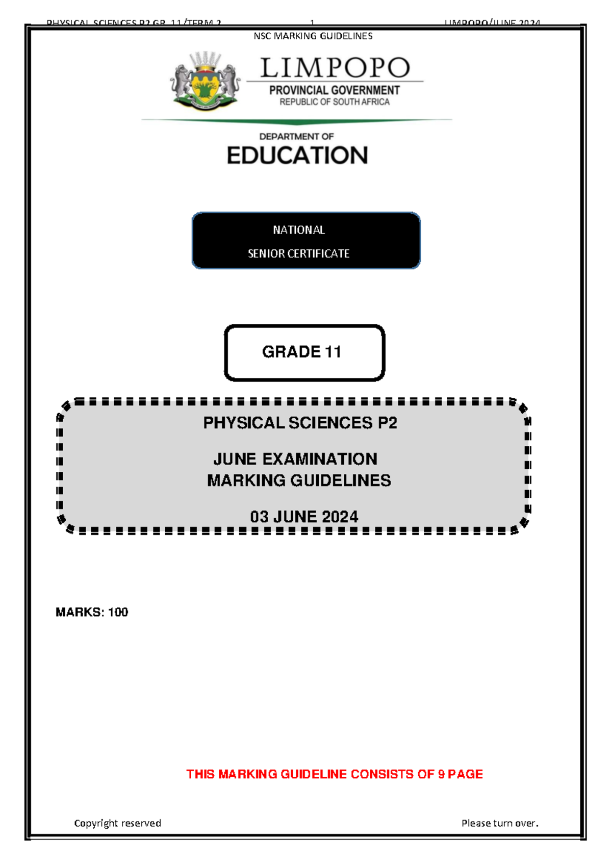 2024 MID YEAR GR11 PHSC P2 Marking Guide - NSC MARKING GUIDELINES MARKS ...
