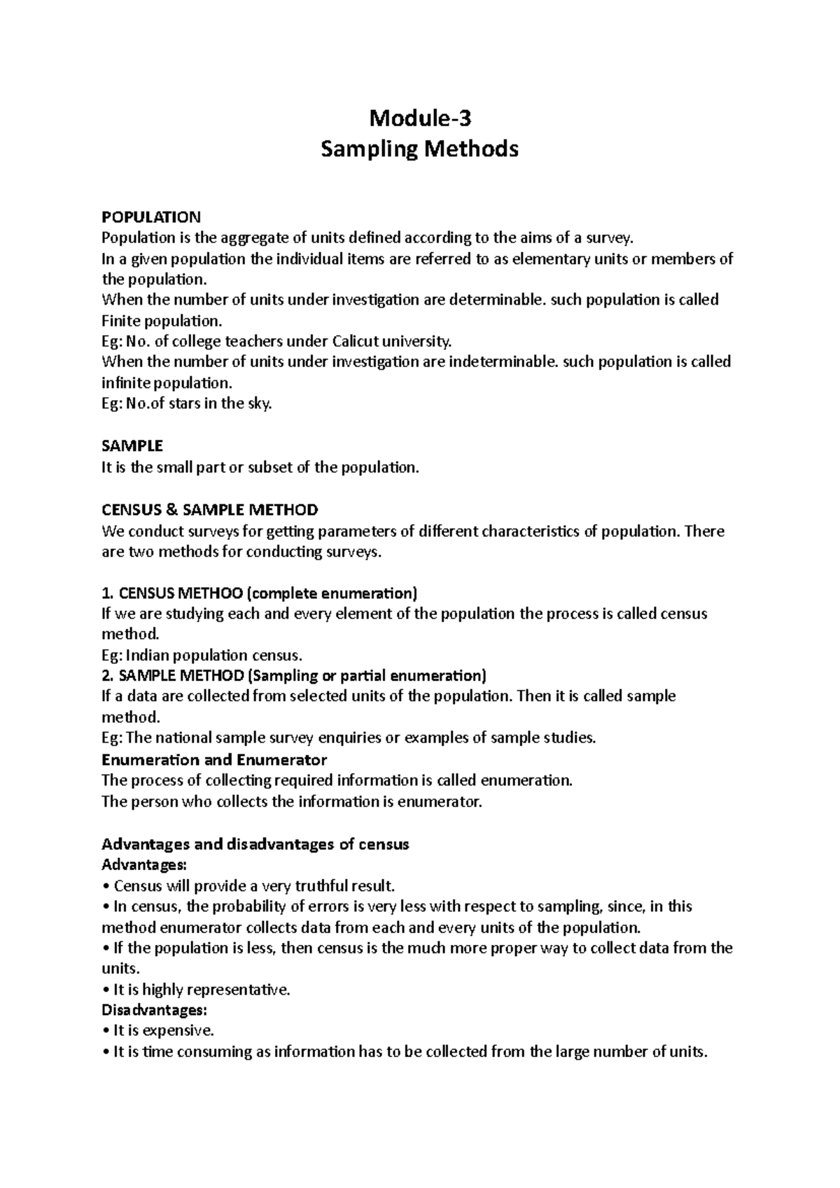 Sampling methods note full pdf - Module- 3 Sampling Methods POPULATION Population is the ...