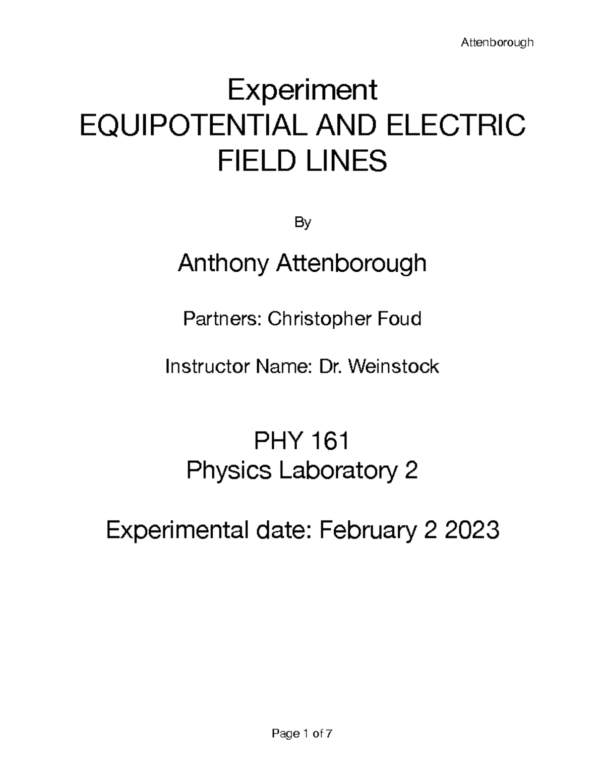 Lab 2 Physics - Lab report - Experiment EQUIPOTENTIAL AND ELECTRIC ...