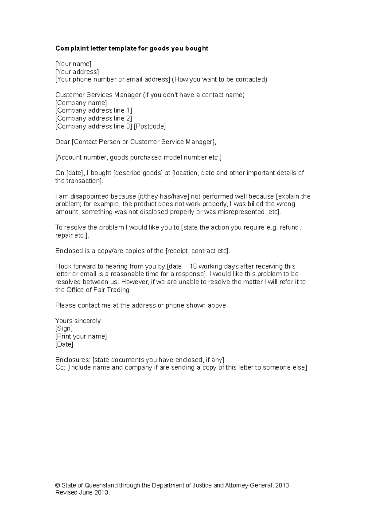 Inbound 6597432041787756333 - Complaint letter template for goods you ...