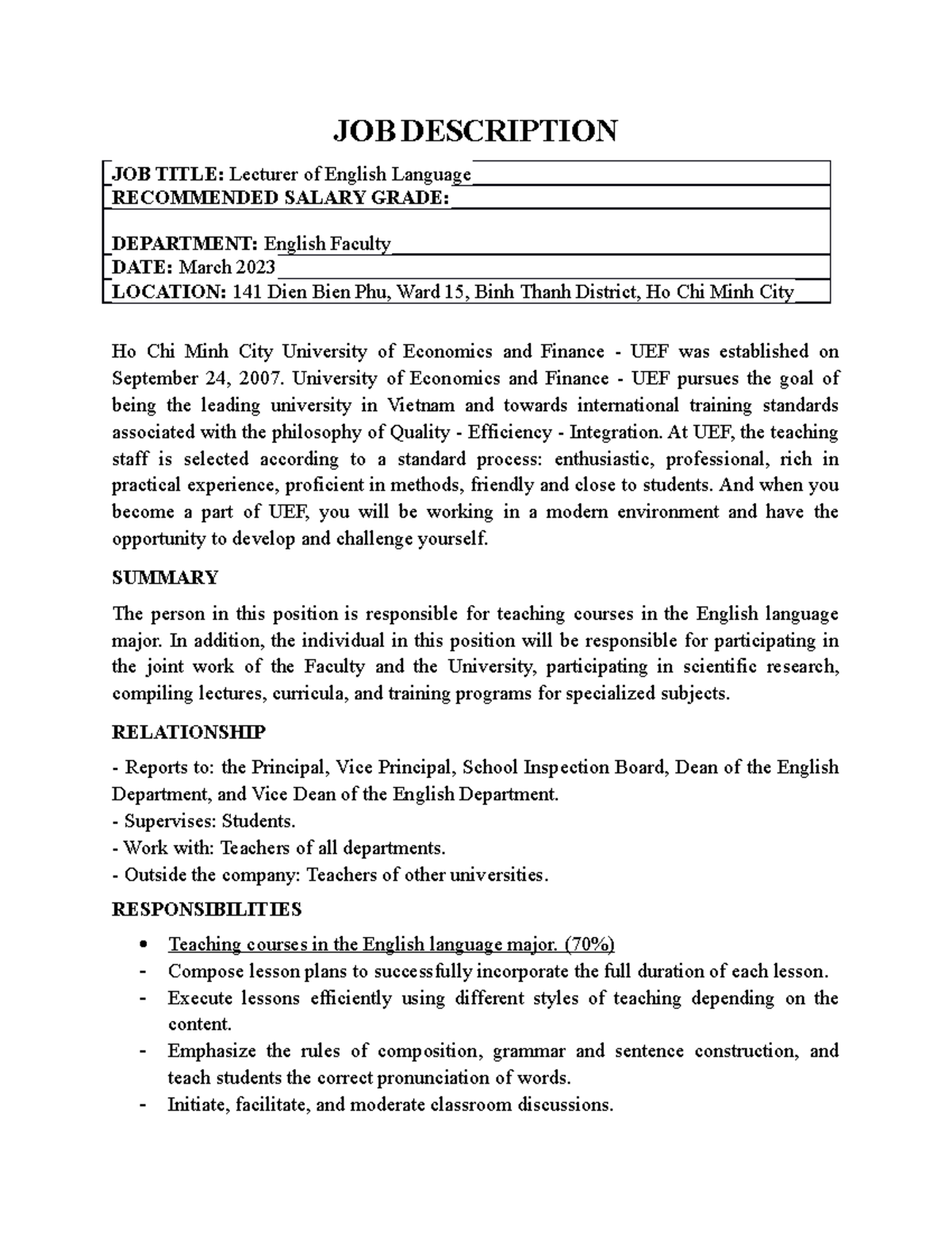 [A13E] NHOM4 Jobdescription - JOB DESCRIPTION JOB TITLE: Lecturer of ...