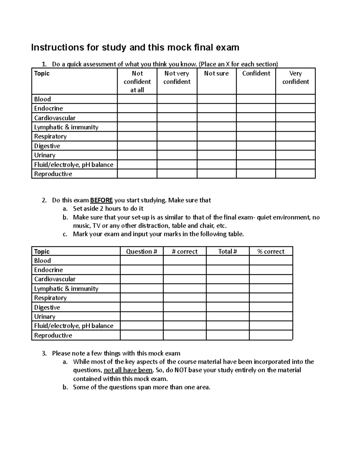 Mock final exam - Instructions for study and this mock final exam 1. Do ...