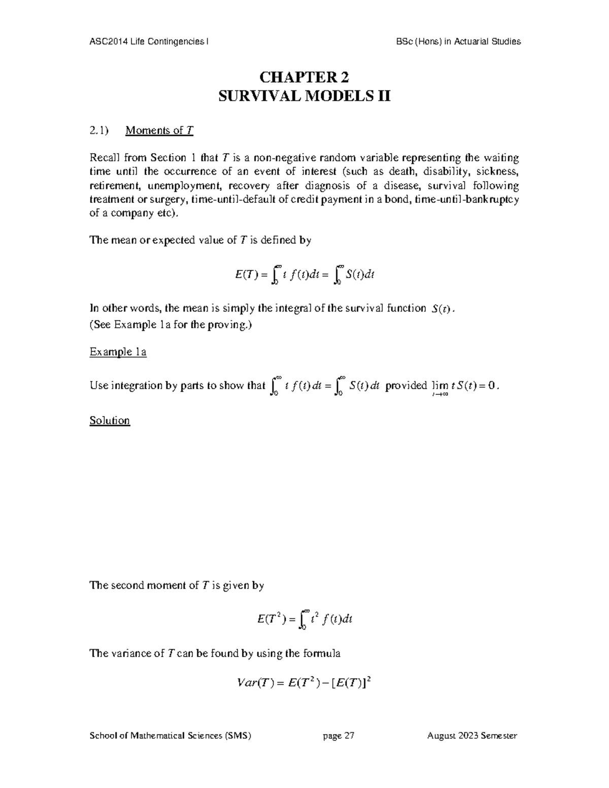 Lecture Notes (Chapter 2) ASC2014 Life Contingencies I - CHAPTER 2 ...
