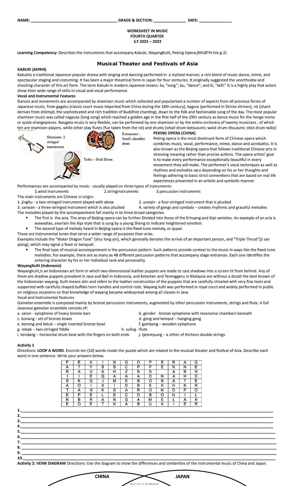 Worksheet IN Music Quarter 4 - NAME ...