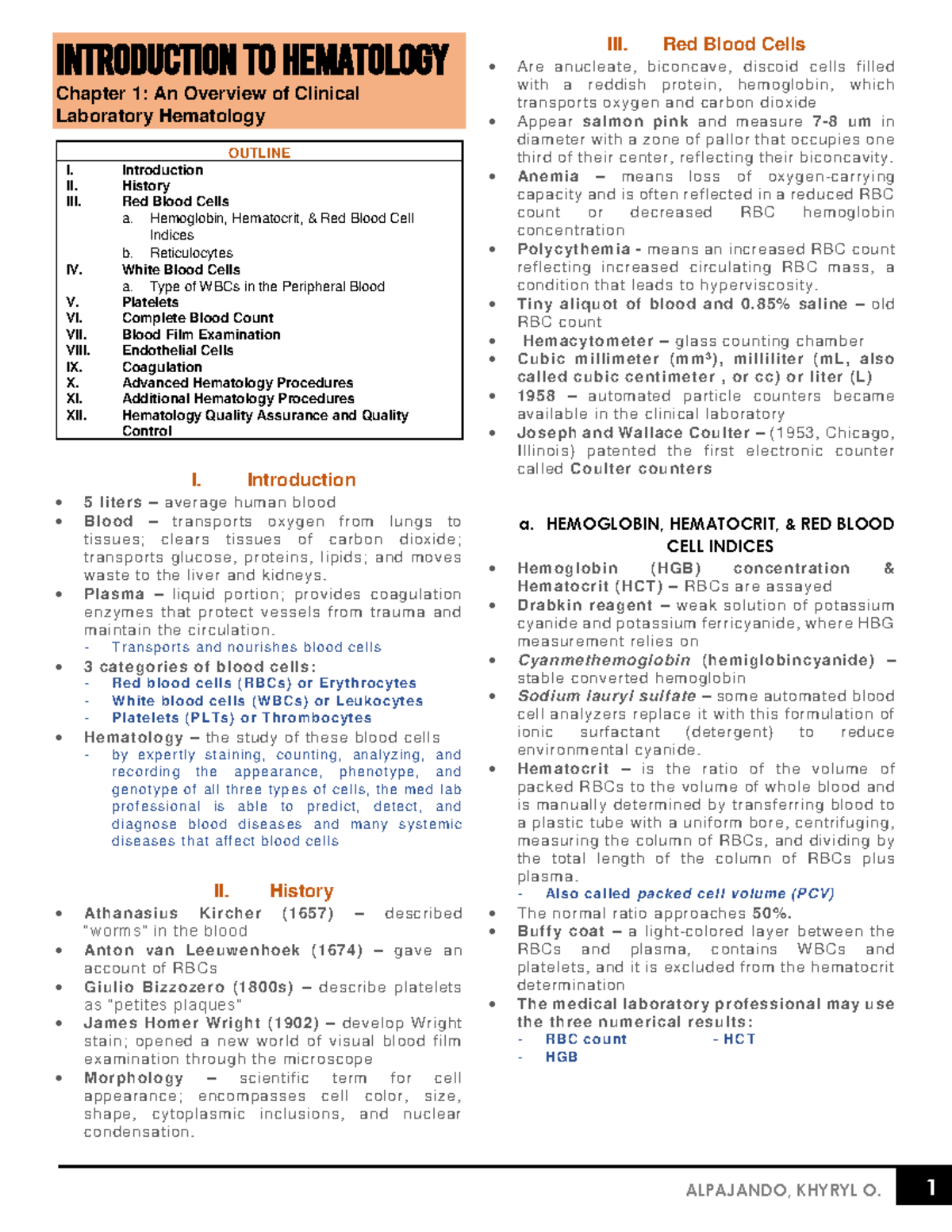 Chapter 1 - Hema - Introduction to hematology Chapter 1: An Overview of ...