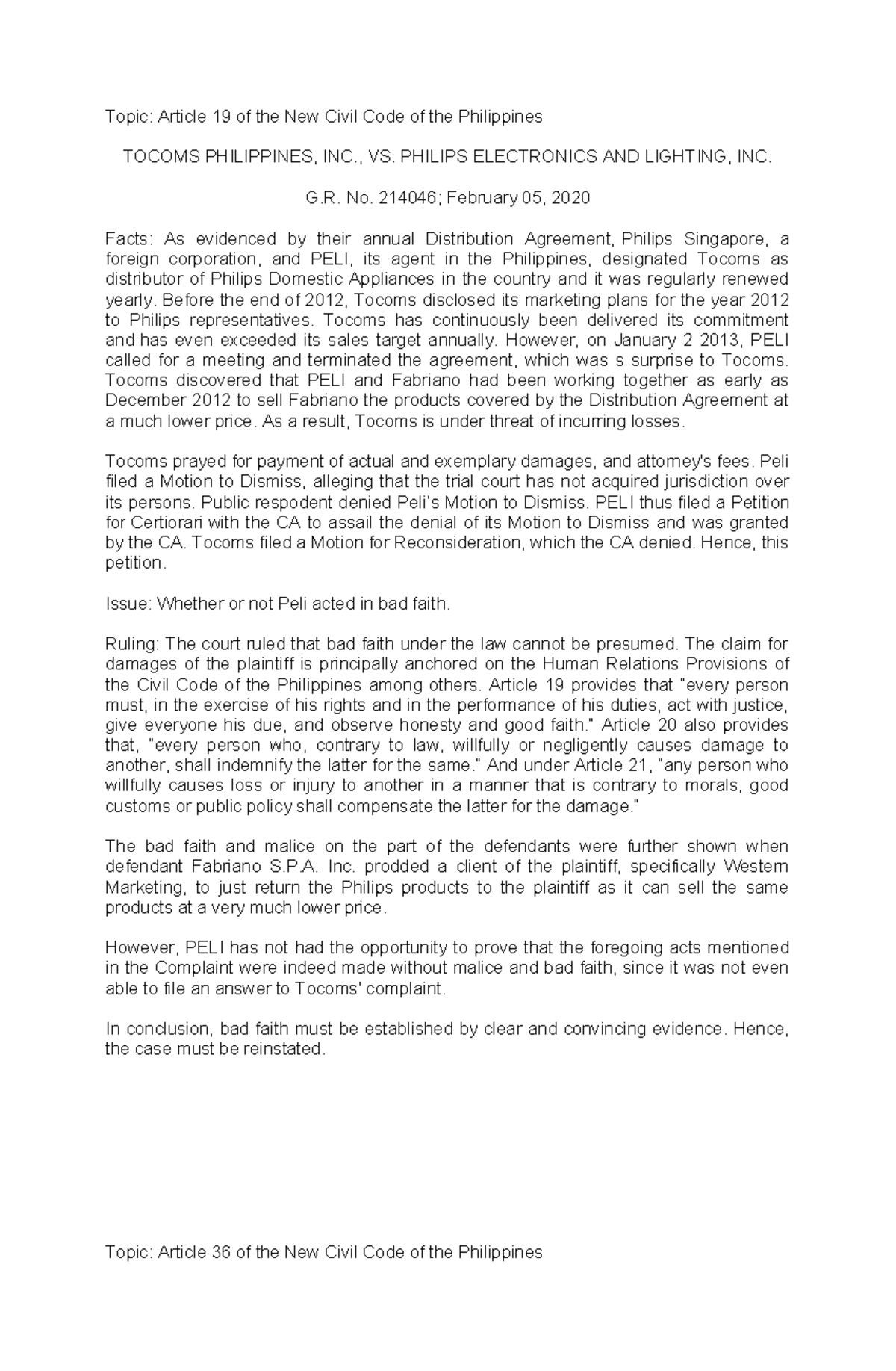 PFR - Digest - Topic: Article 19 of the New Civil Code of the ...