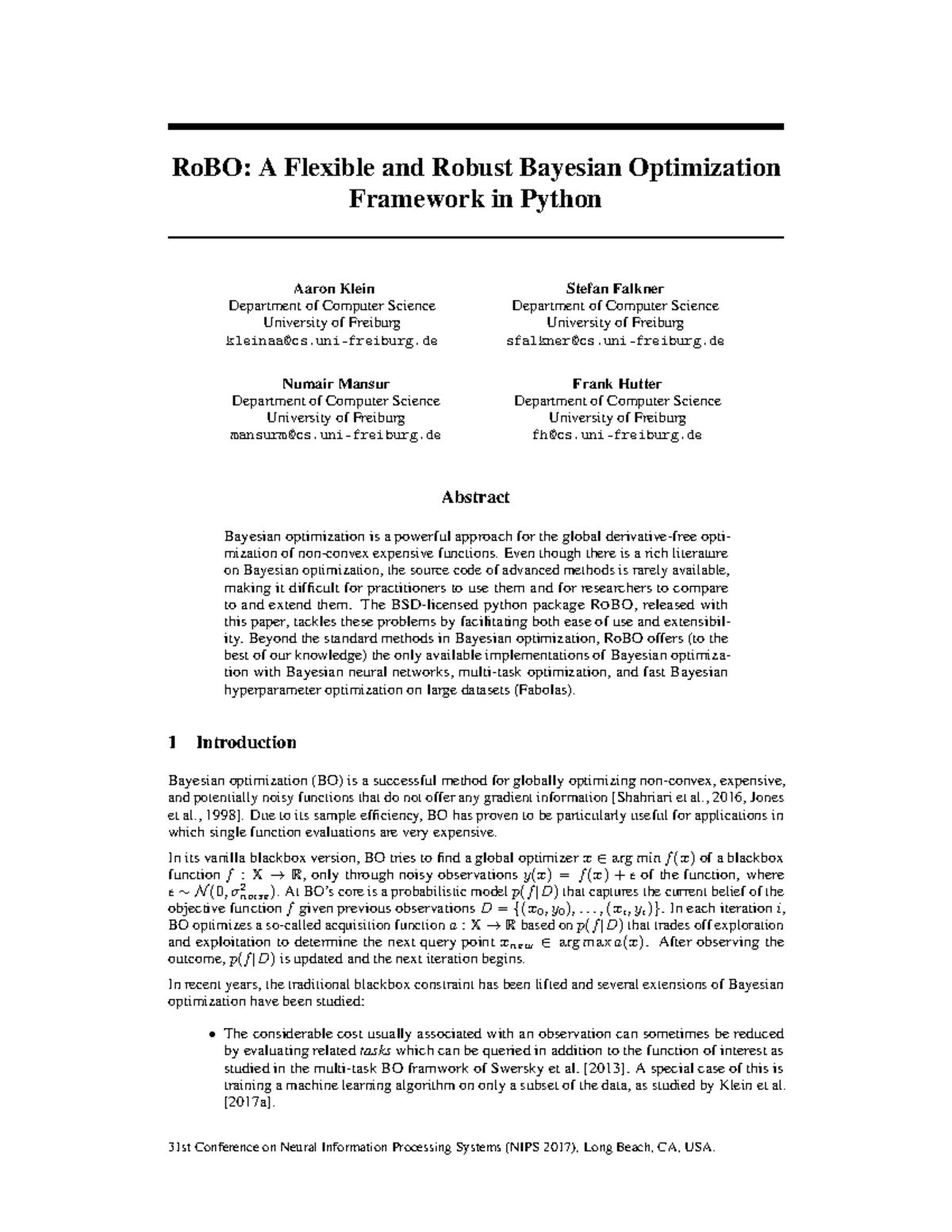 Ro BO A Flexible and Robust Bayesian Optimization Framework in Python - RoBO: A Flexible and ...